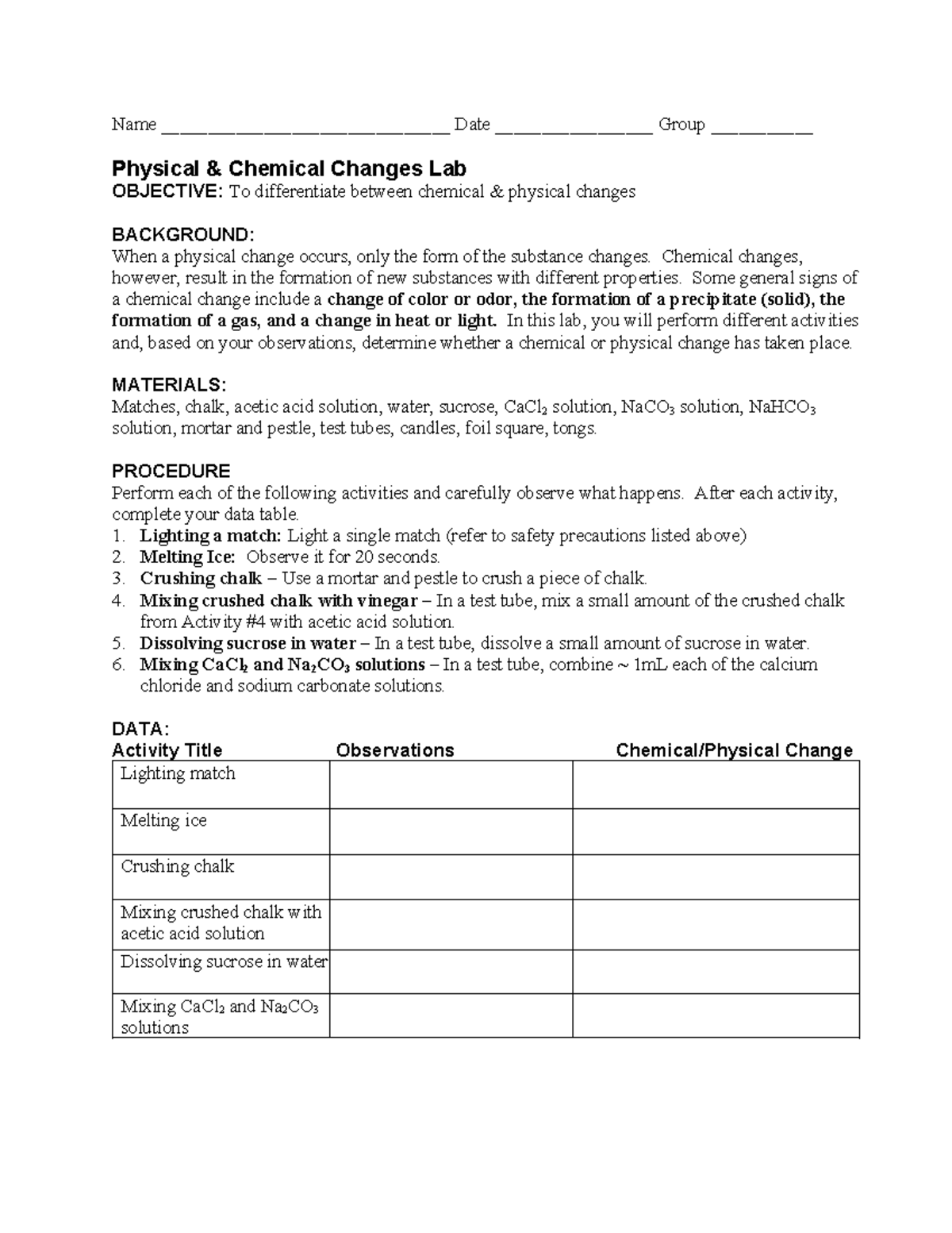 9-Physical & Chemical Changes Lab: Observations & Activities - Studocu