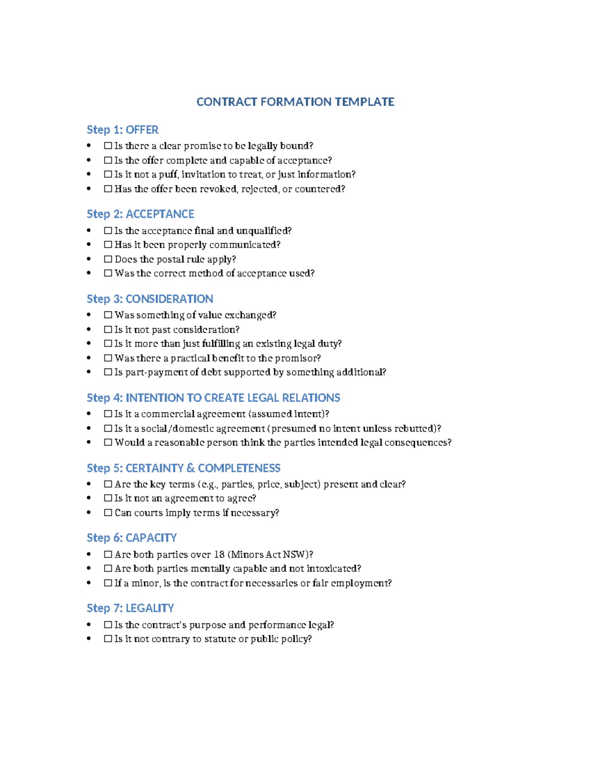 Contract Formation Template: Key Steps to Valid Agreements - Studocu