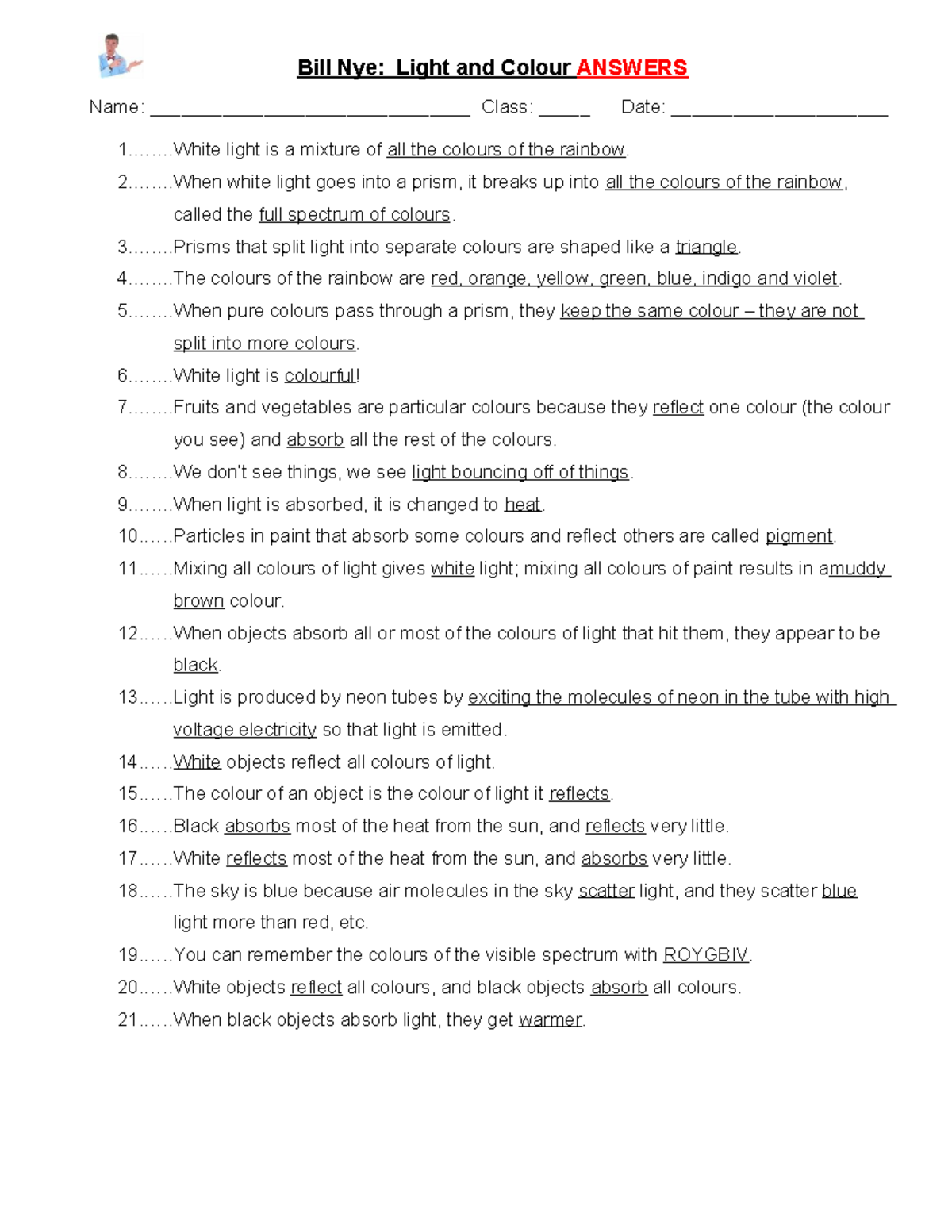 Bill Nye: Light and Colour Study Guide Answers - Studocu