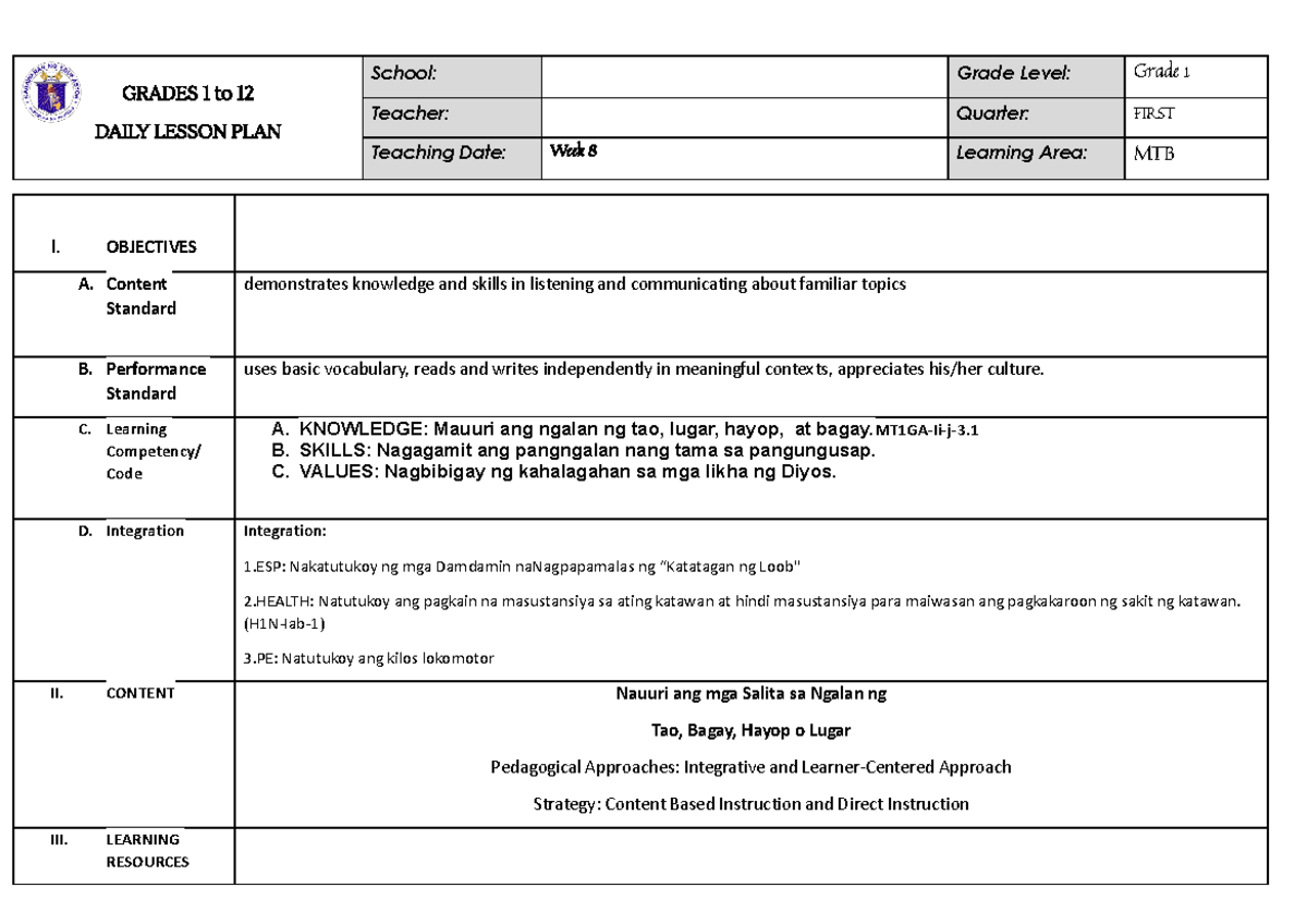 Grade 1 Daily Lesson Plan: Pangngalan (First Quarter) - Studocu