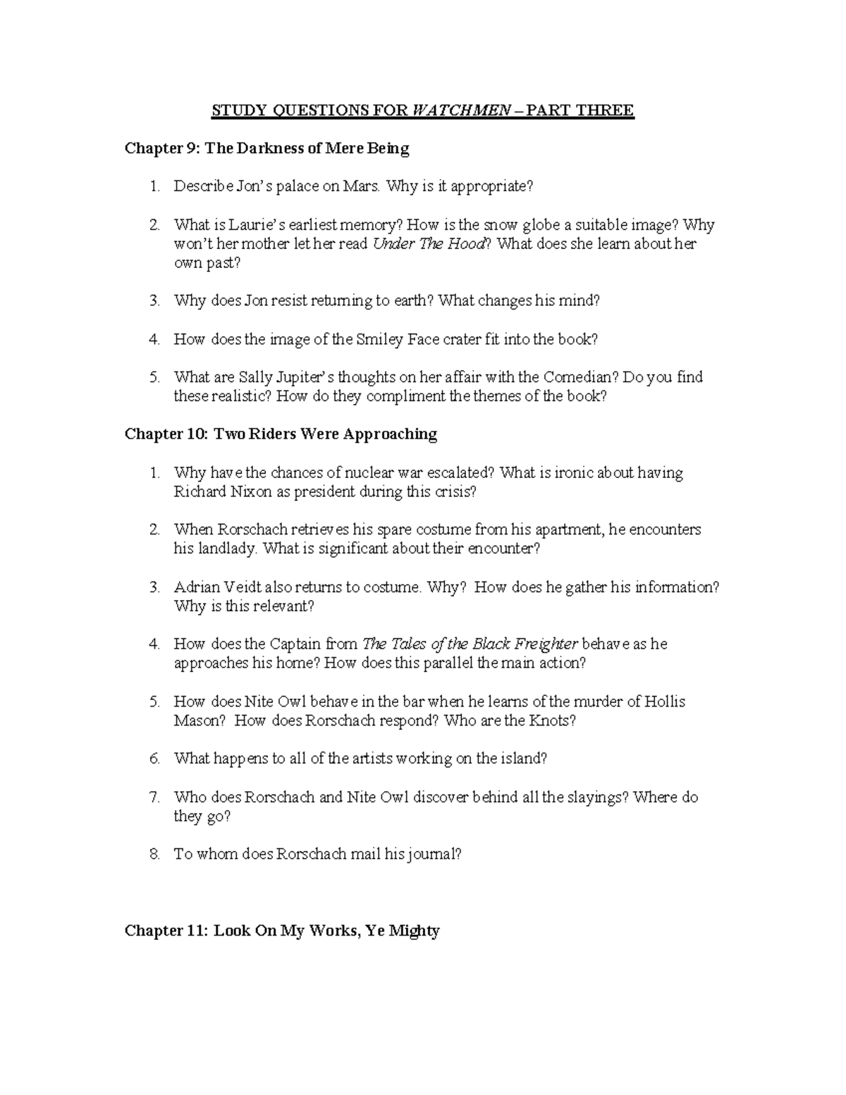 Study Questions for Watchmen: Chapters 9-12 Analysis - Studocu