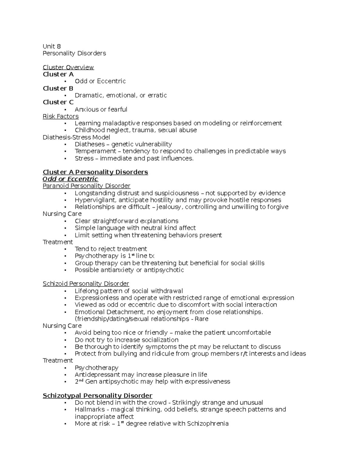 Unit 8 Mental Health: Personality Disorders Overview and Notes - Studocu