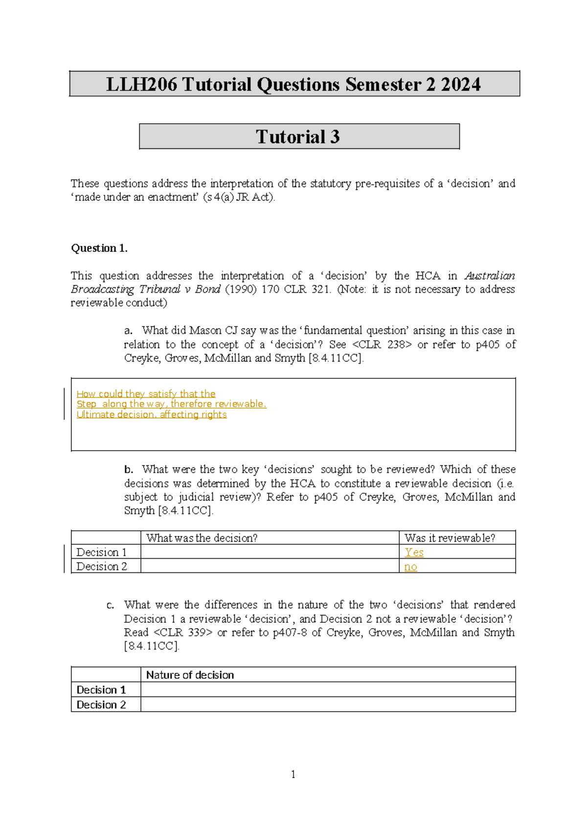 24LLH206 Tutorial 3 Questions: Understanding Judicial Review Concepts ...