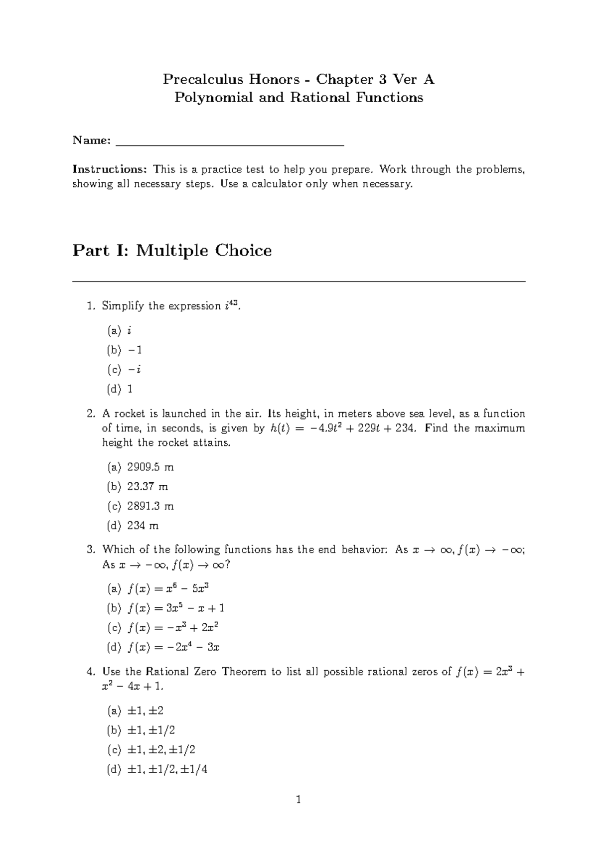 Precalculus Honors Practice Test: Polynomial & Rational Functions - Studocu