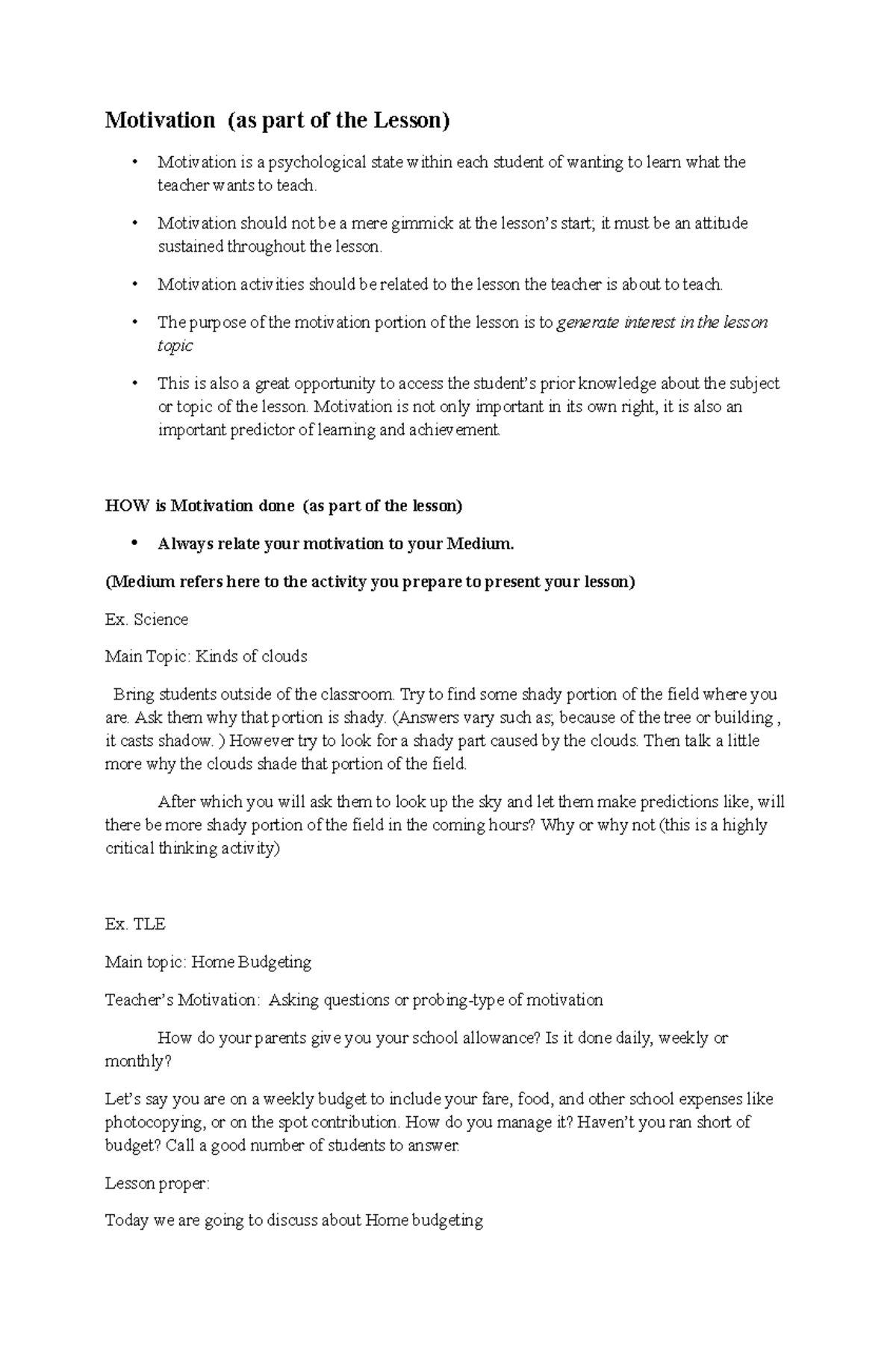 Lesson on Motivation Techniques for Student Engagement (EDU101) - Studocu