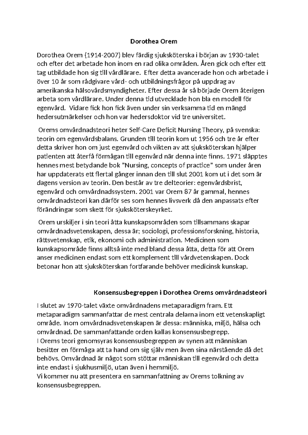 Dorothea Orem's Self-Care Deficit Theory: Overview and Concepts - Studocu