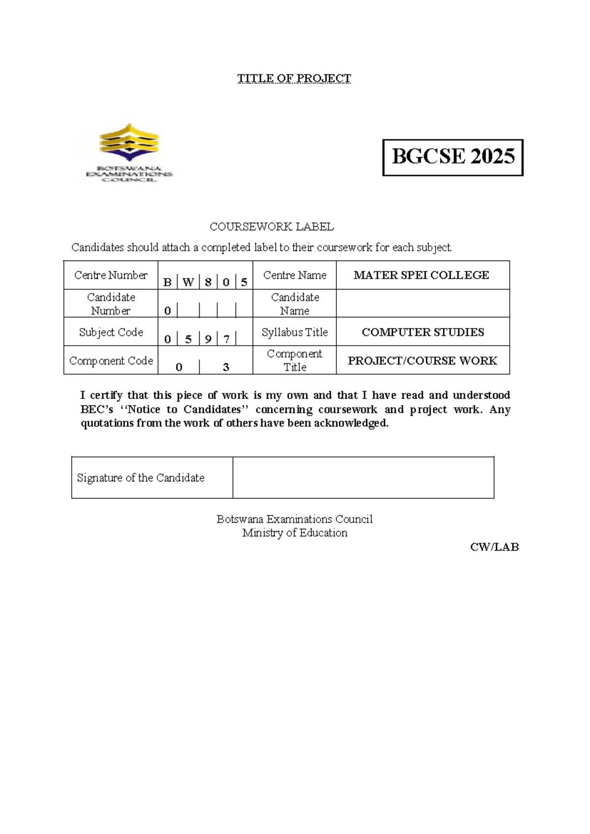 BGCSE 2025 Coursework Project Template for Computer Studies - Studocu