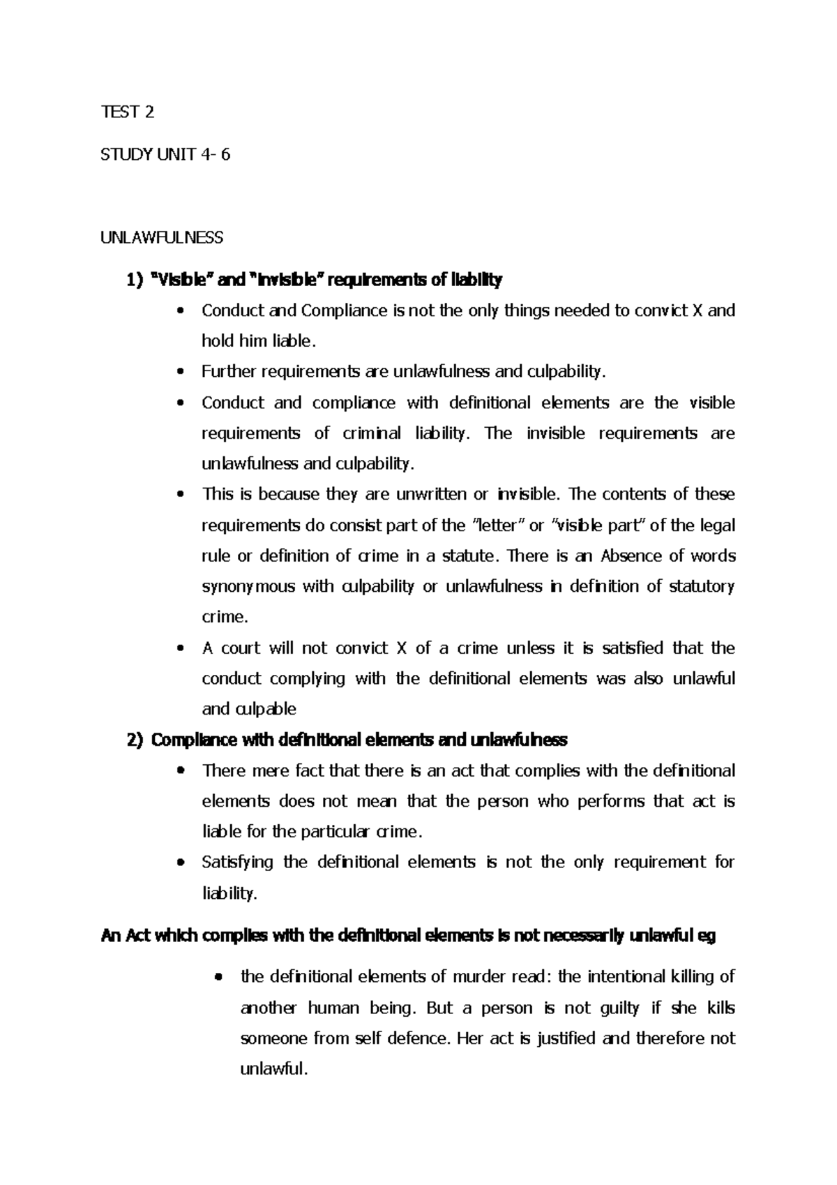 Analysis of Unlawfulness and Culpability: Test 2 Insights (LWS 402 ...