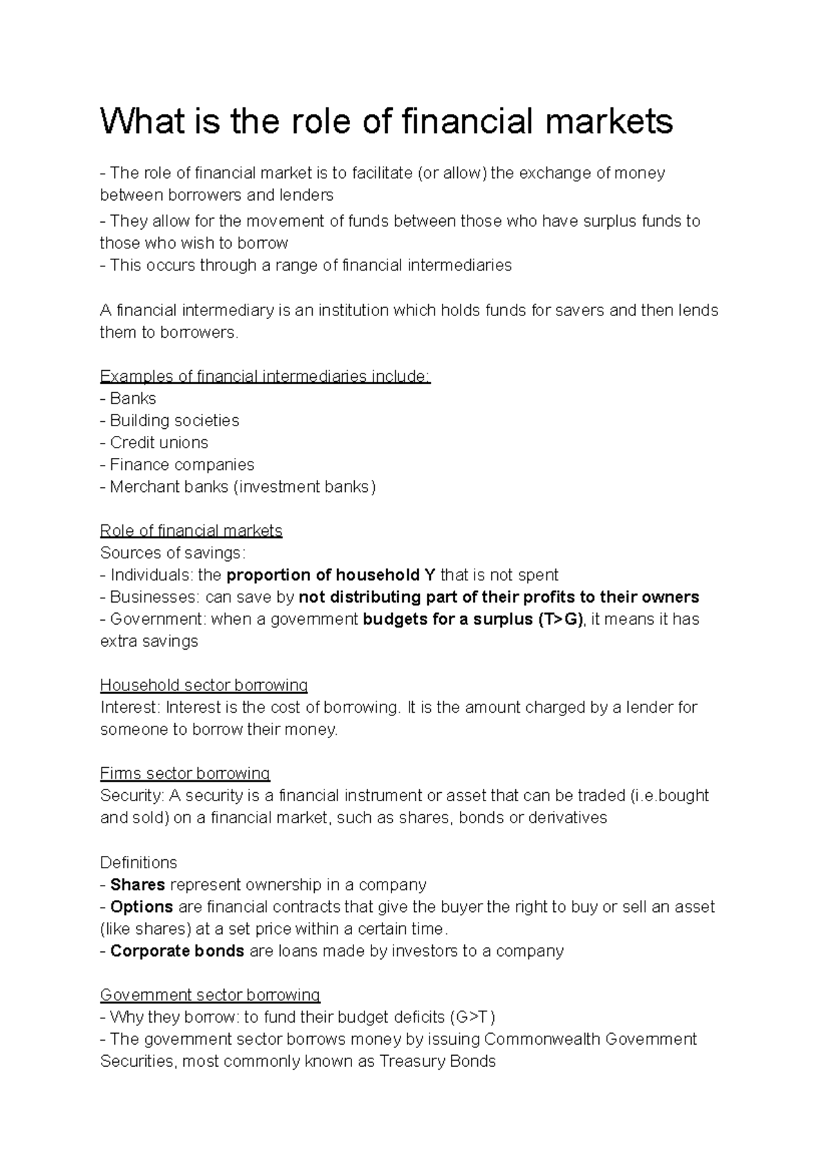 Y11 T3 Economics Notes: The Role of Financial Markets - Studocu