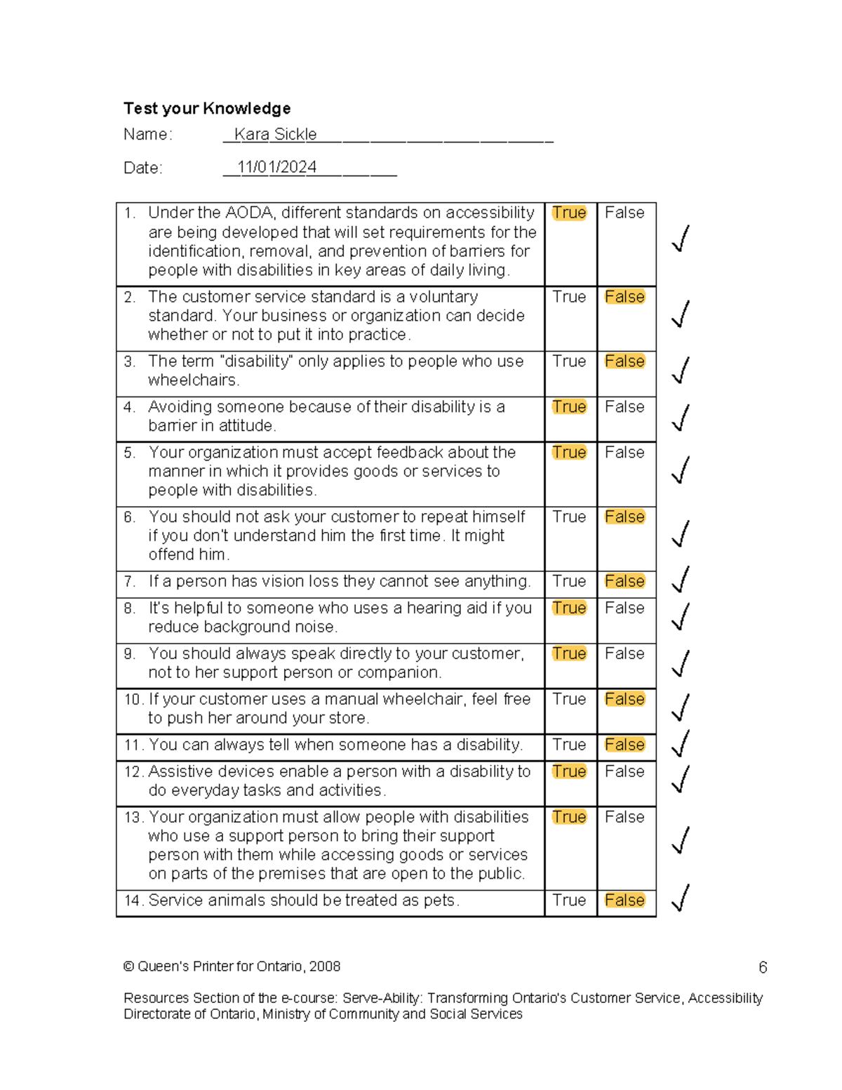 One Minute Self Assessment - © Queen’s Printer for Ontario, 2008 ...