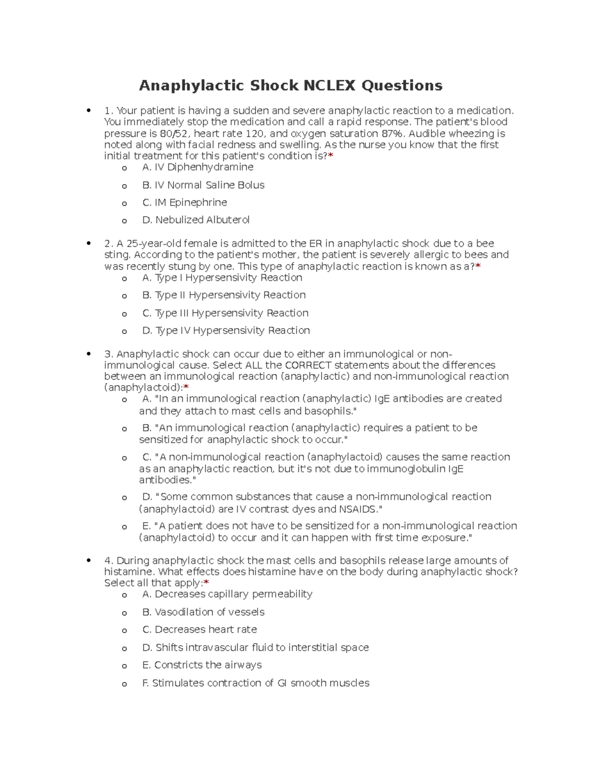 Anaphylactic Shock NCLEX Review Questions for Nursing Students - Studocu