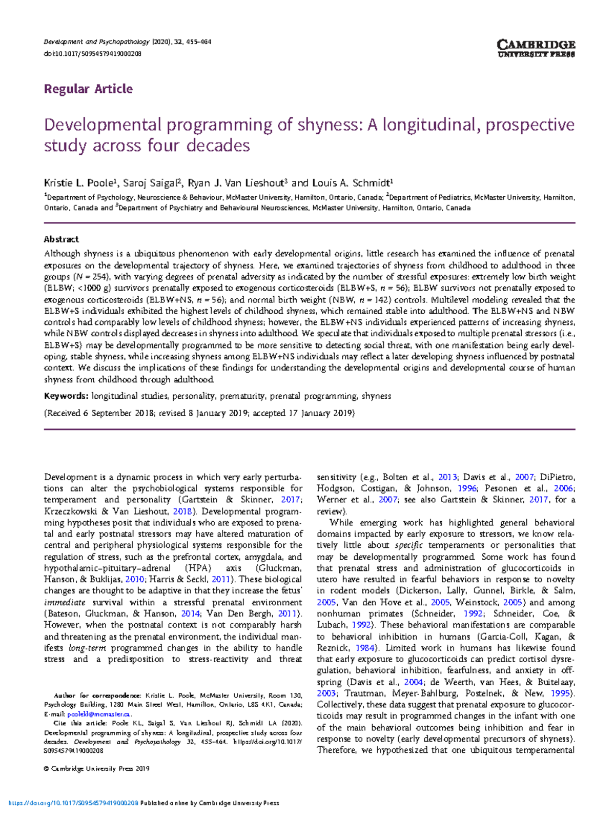 Developmental Programming of Shyness: A Longitudinal Study (2020) - Studocu