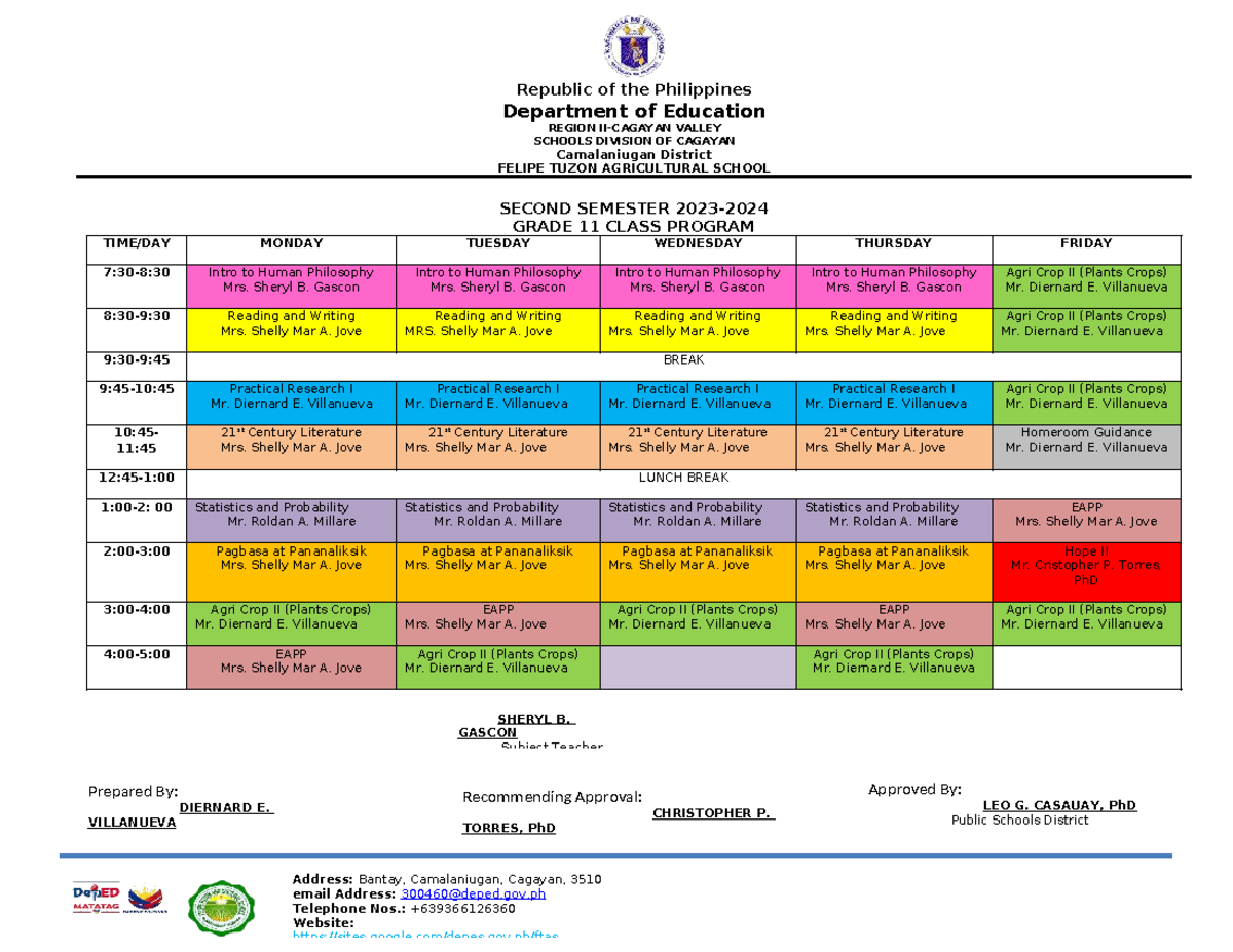 Grade 11 Class Program 2024-2025 - 2nd Semester Schedule - Studocu