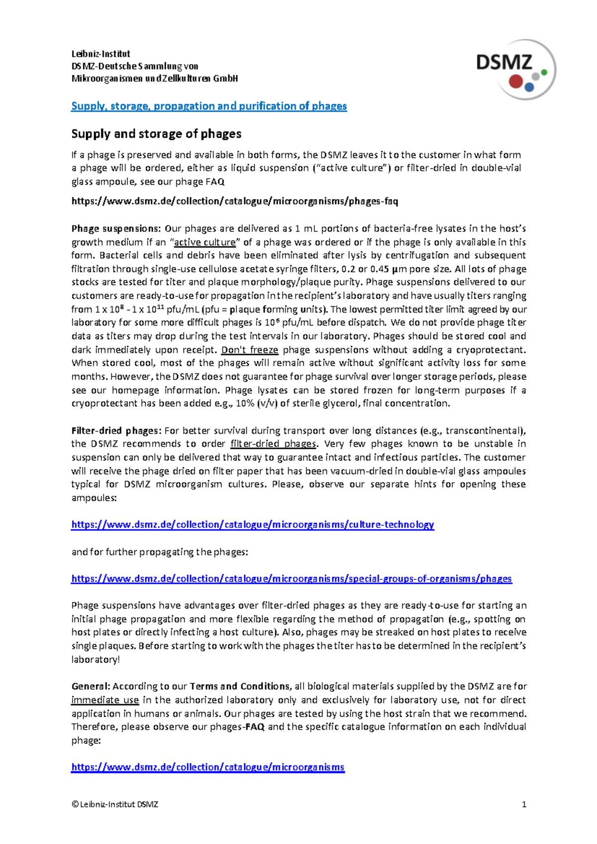DSMZ 2 Cultivation of Phages: Supply, Storage, and Propagation ...