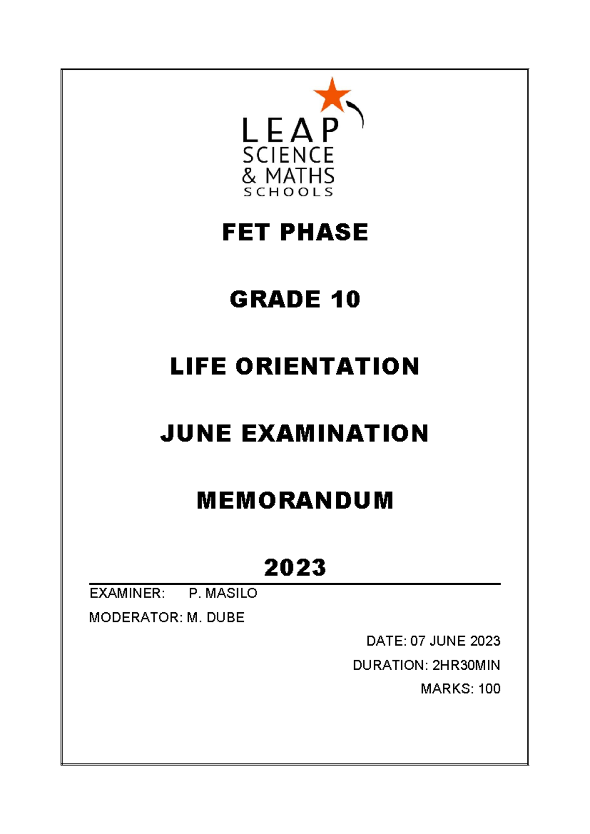 2023 LO grade 10 June memo - FET PHASE GRADE 10 LIFE ORIENTATION JUNE ...