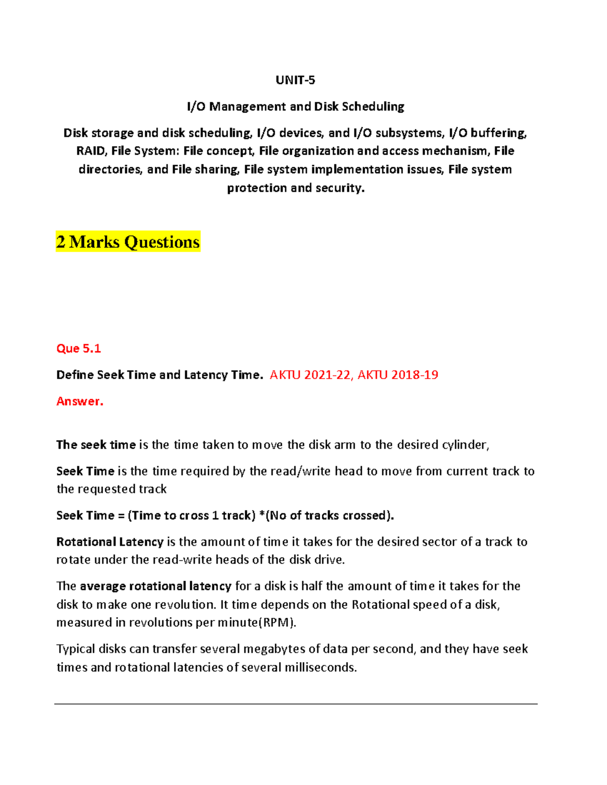 Unit 5: Important Questions & Solutions on Disk Management (AKTU) - Studocu