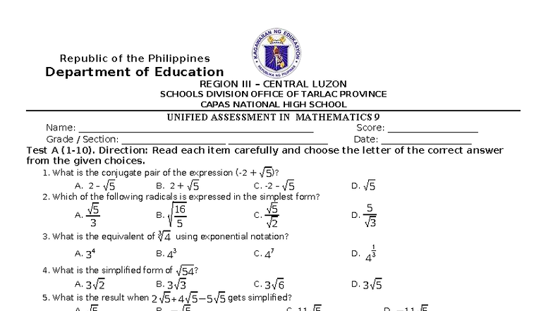 Unified Assessment in Mathematics 9 - Test A, B, C, D - Studocu