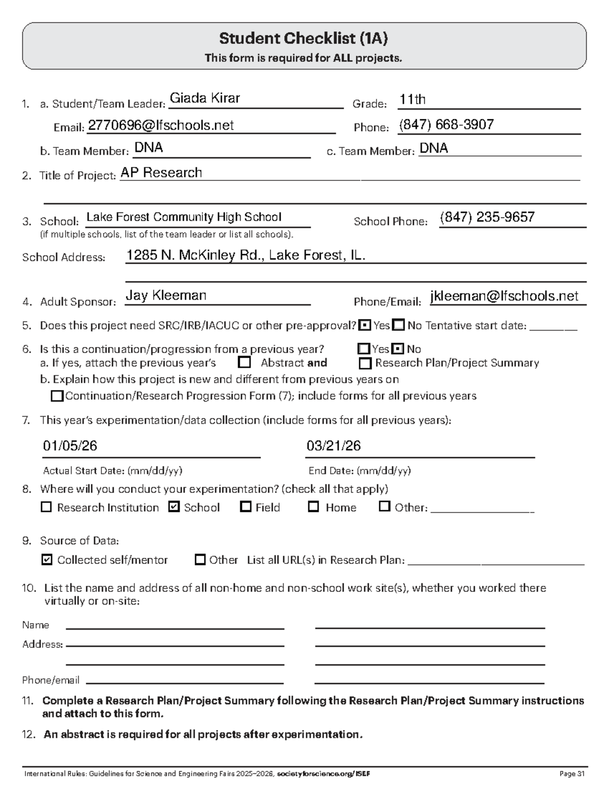 1A Student Checklist for Research Projects and Plans - Studocu