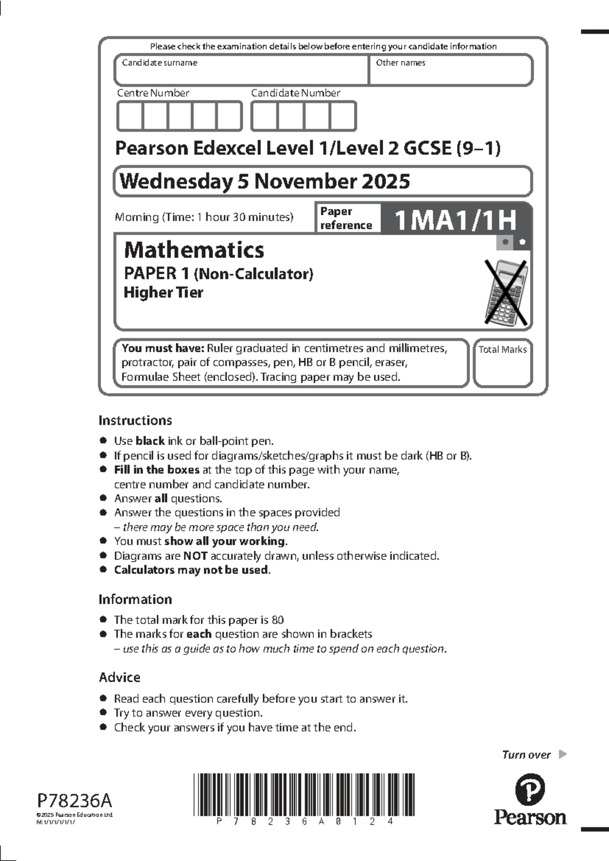 Title: 1MA1 1H November 2025 GCSE Mathematics Exam Paper - Studocu