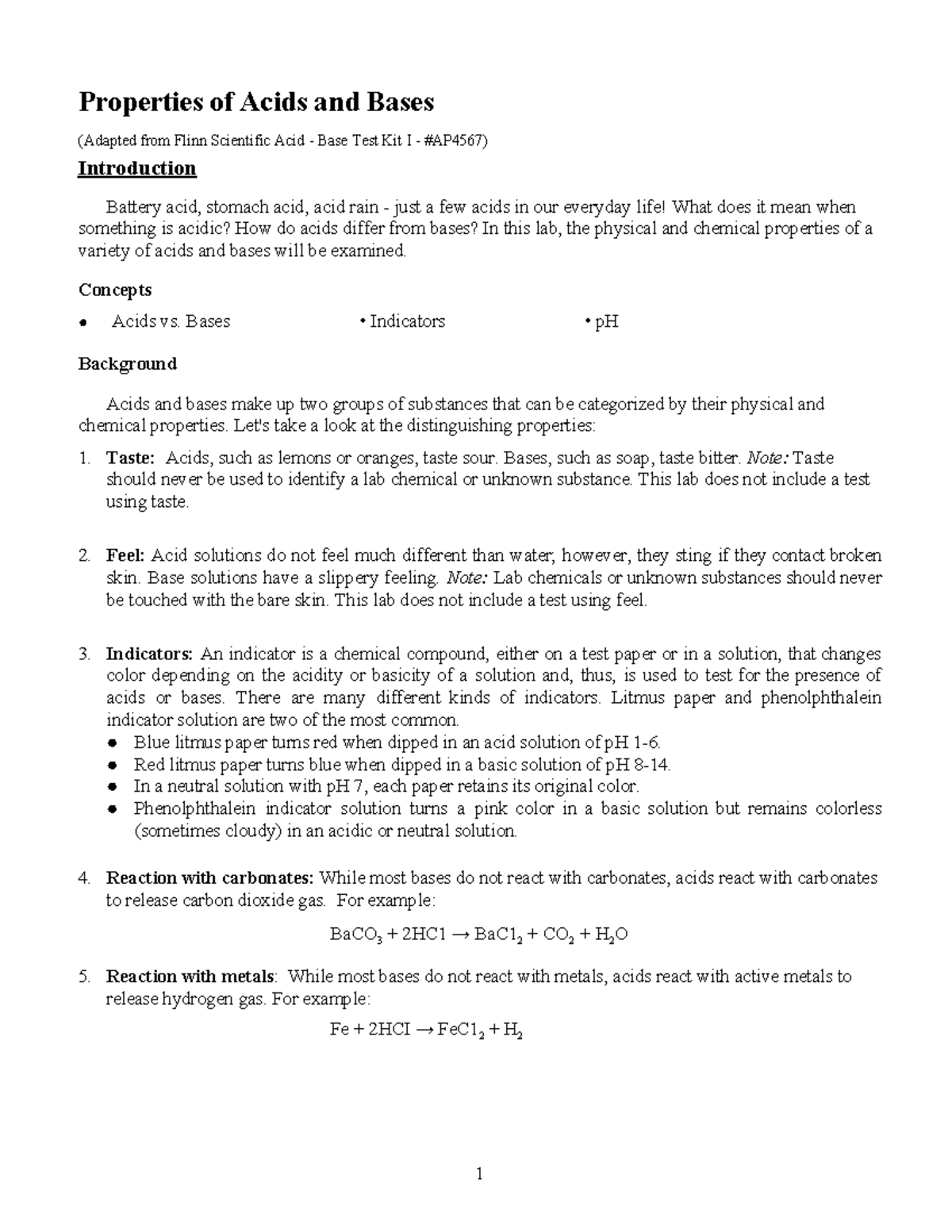 Properties of acids and bases lab answers - Properties of Acids and ...
