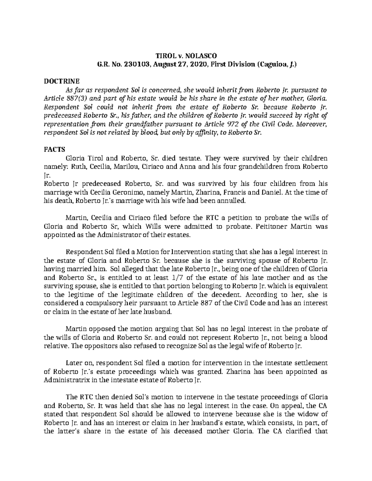 Case Study: Tirol v. Nolasco, G.R. No. 230103 - Inheritance Rights ...