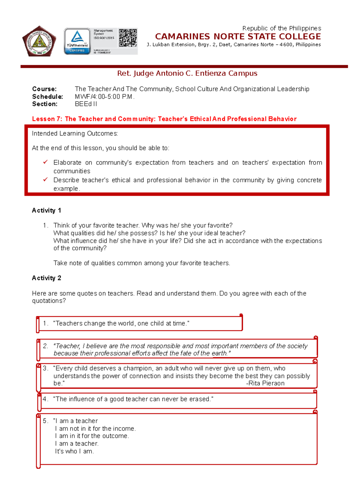 LM FTC5 Midterm Lesson 7: Ethical and Professional Teacher Behavior ...