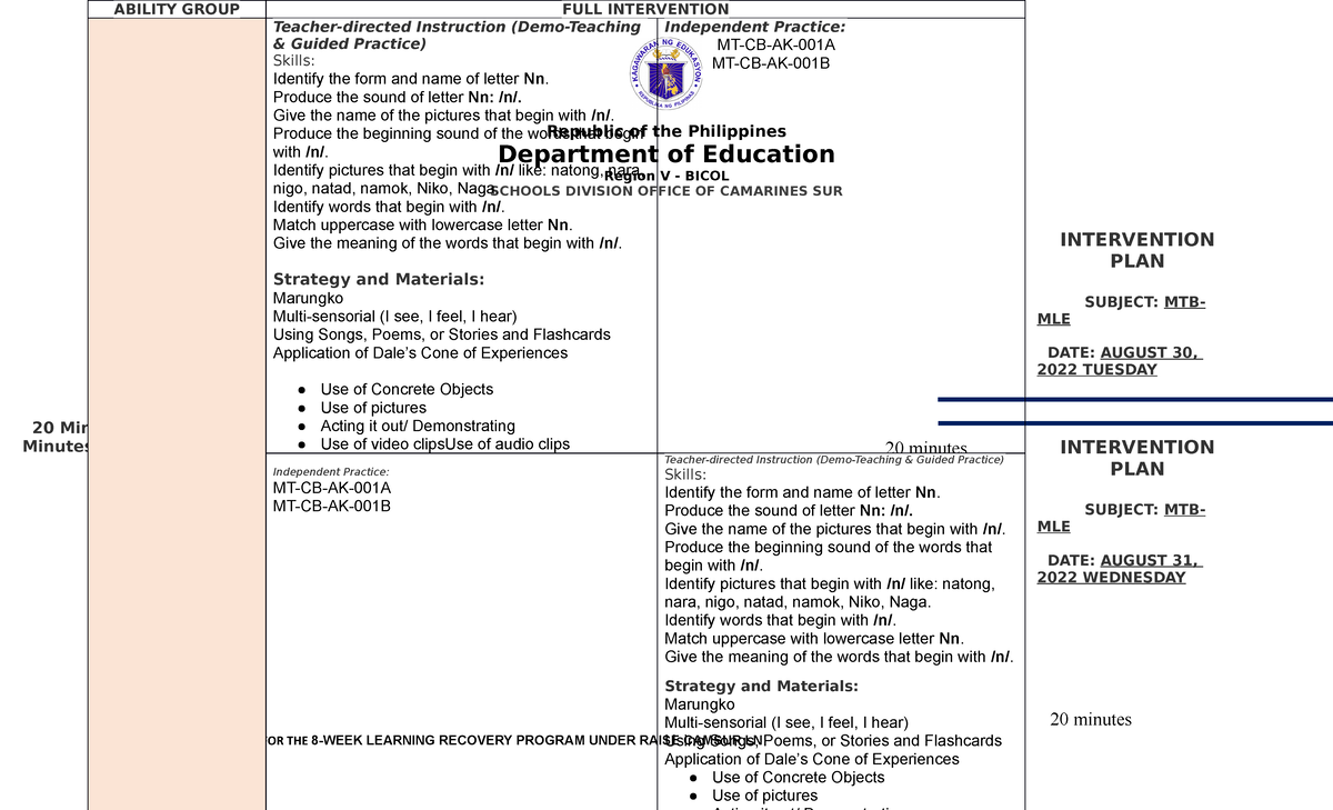 MTB-MLE Full Intervention Plan: 8-Week Learning Recovery Program - Studocu