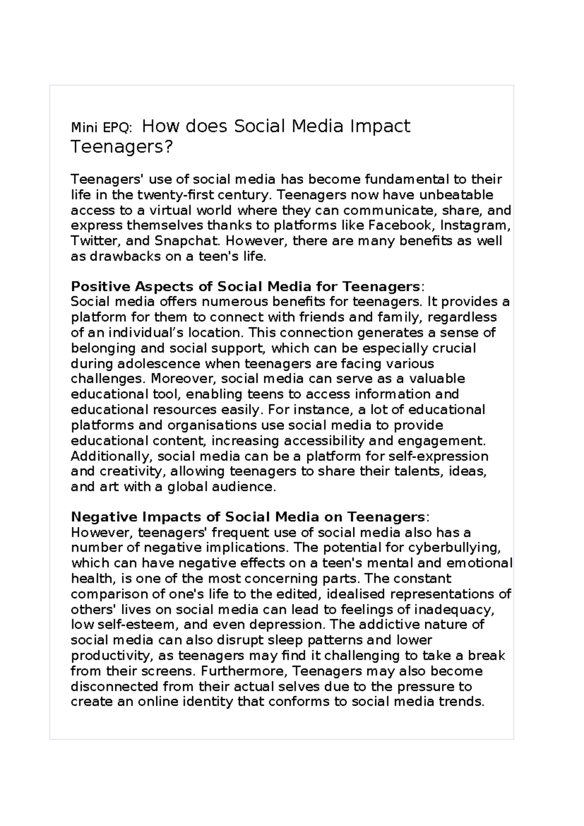 Mini EPQ: Examining Social Media's Effects on Teenagers - Studocu