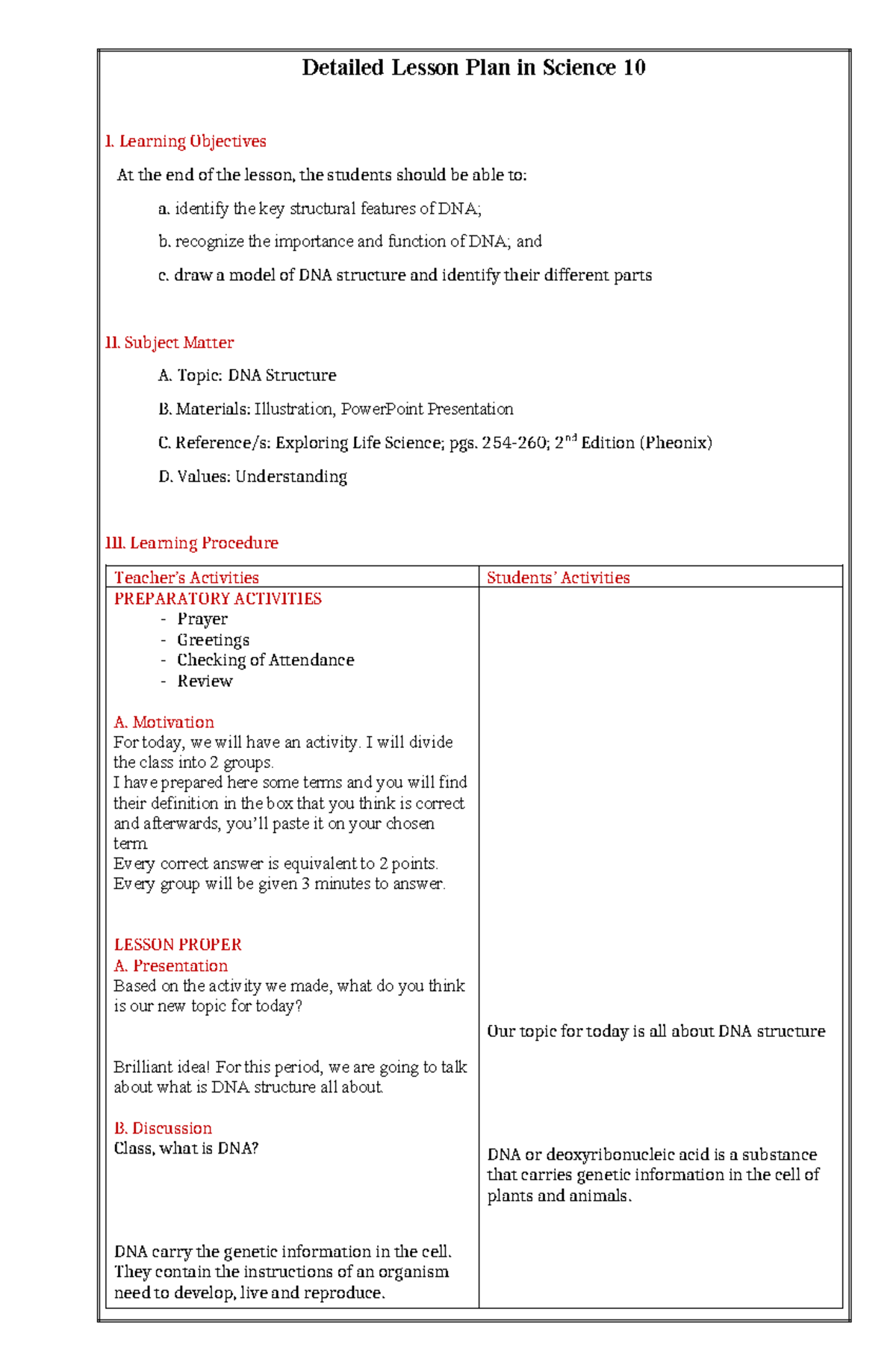 lesson plan for dna structure( detailed) - Detailed Lesson Plan in ...