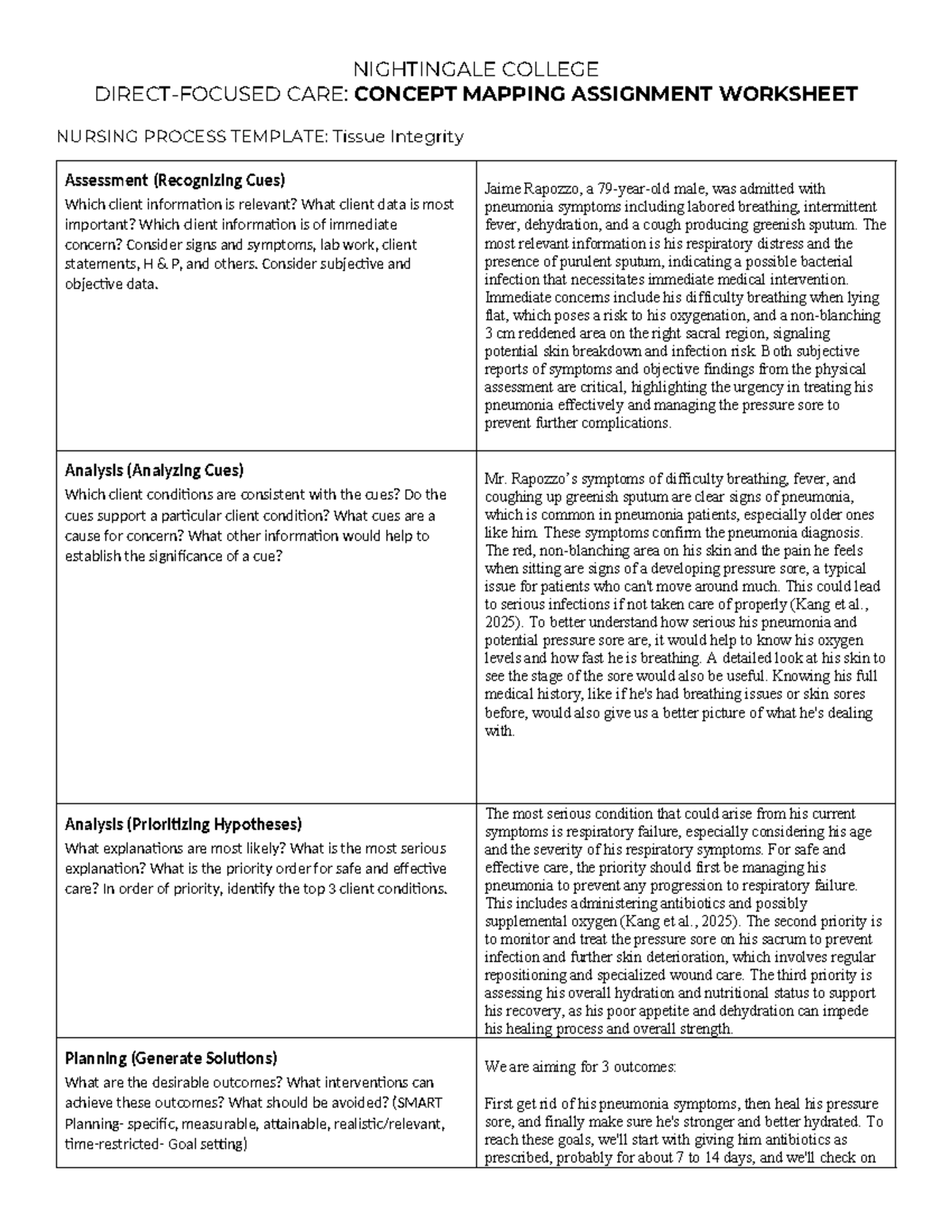 NUR 101: Concept Mapping Assignment - Tissue Integrity & Pneumonia Care ...