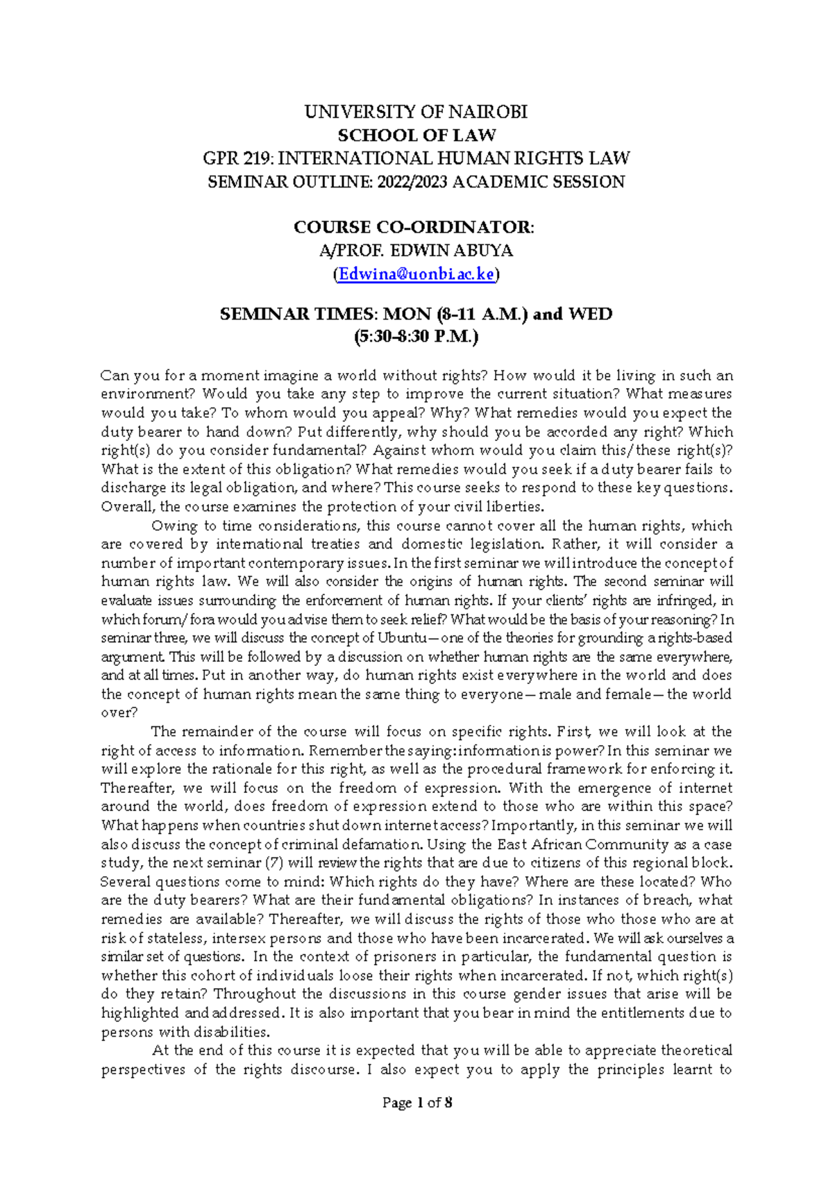 IHL course outline - UNIVERSITY OF NAIROBI SCHOOL OF LAW GPR 219 ...