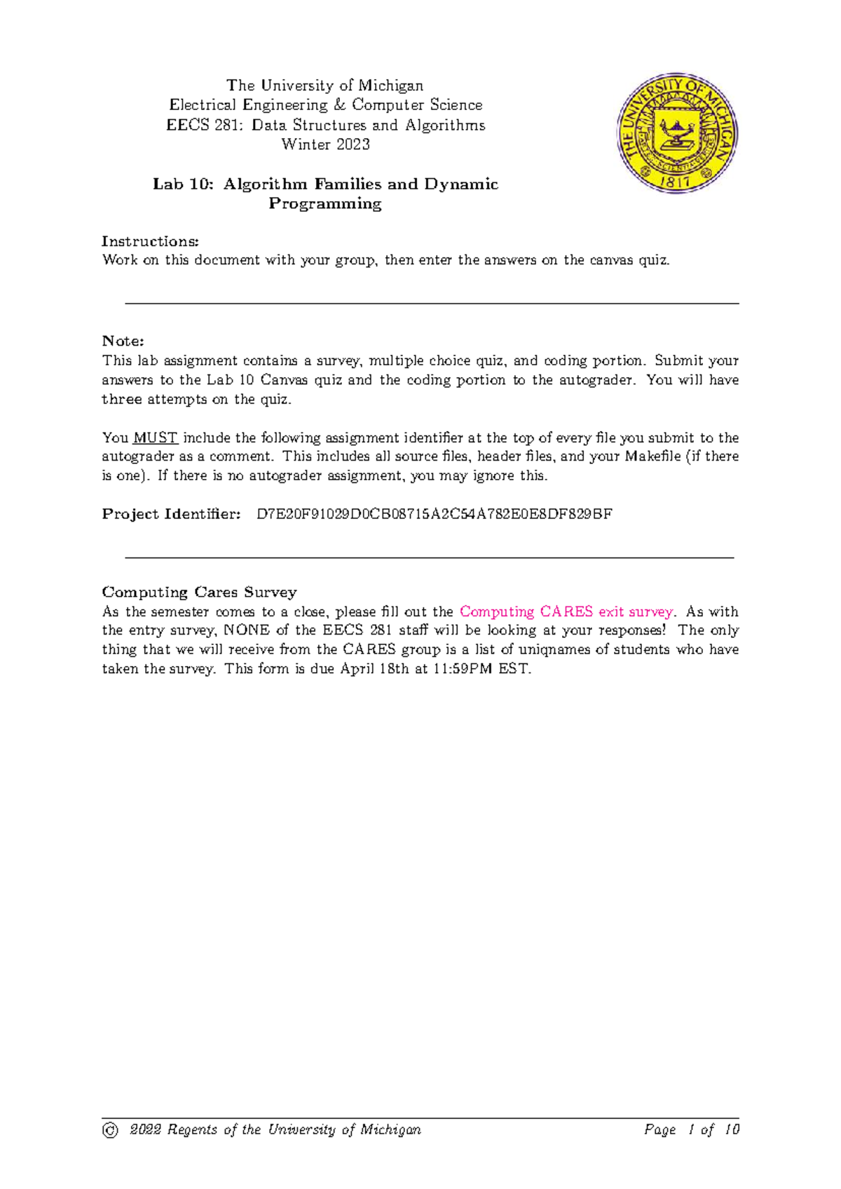 EECS 281: Lab 10 Solutions - Dynamic Programming & Algorithms - Studocu