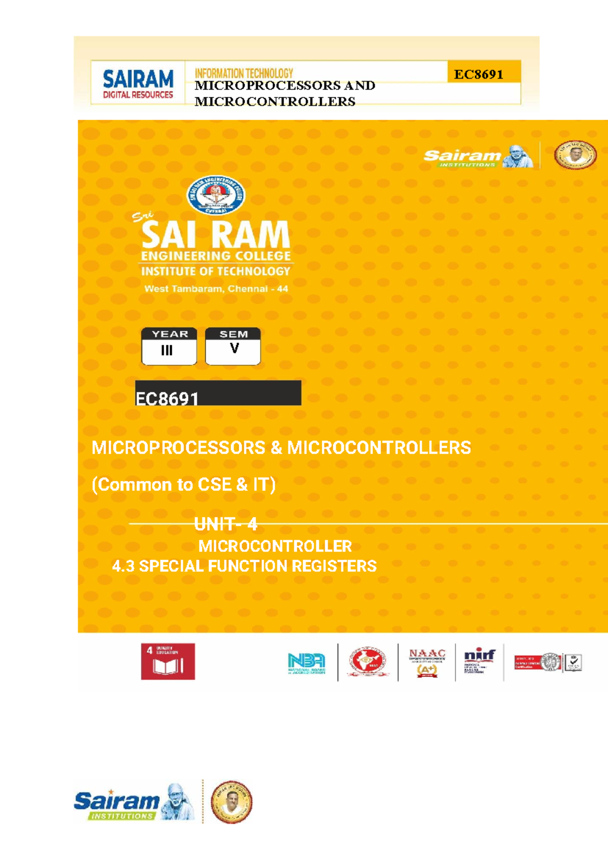EC8691 MICROPROCESSORS & MICROCONTROLLERS: Special Function Registers ...