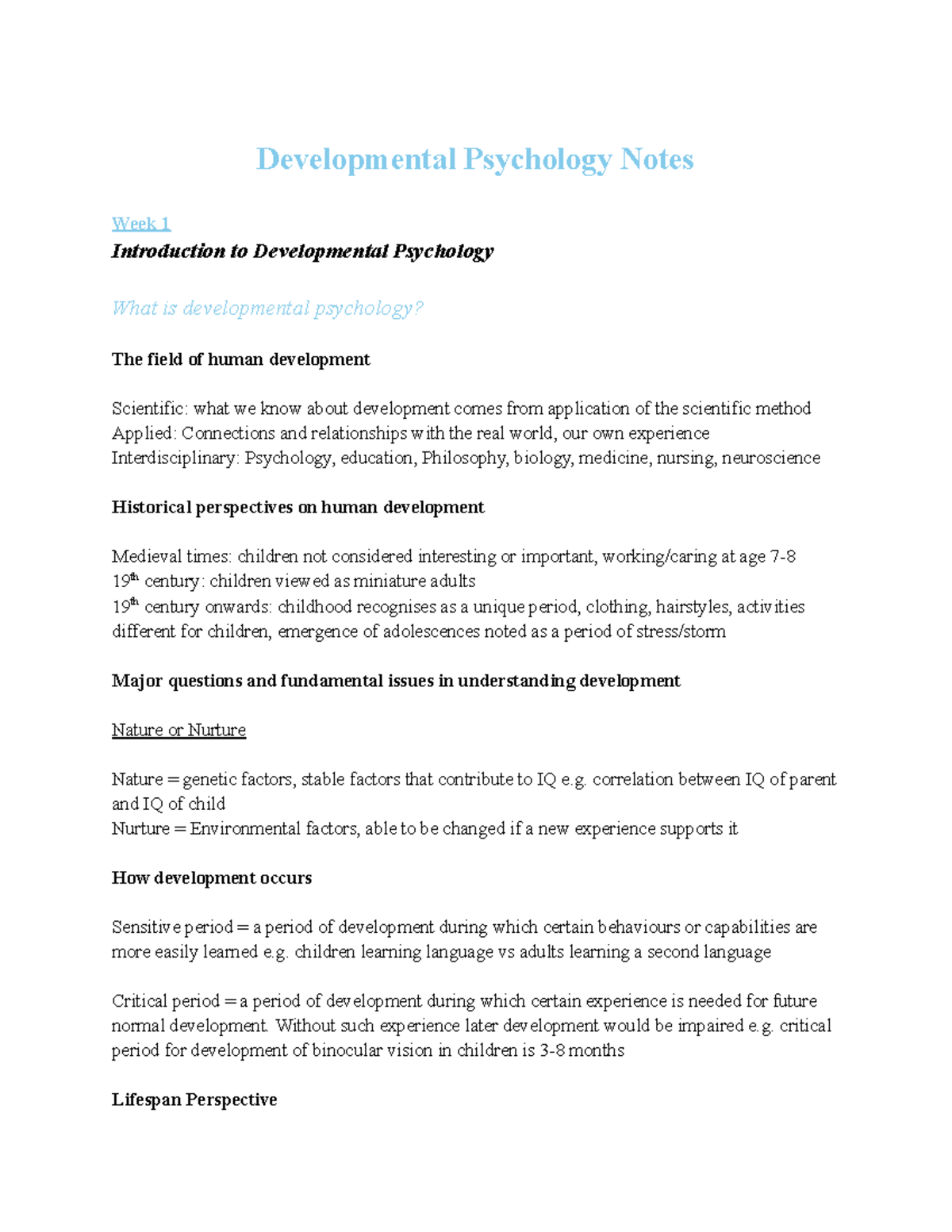 Developmental Psychology Notes week 1 - Developmental Psychology Notes ...