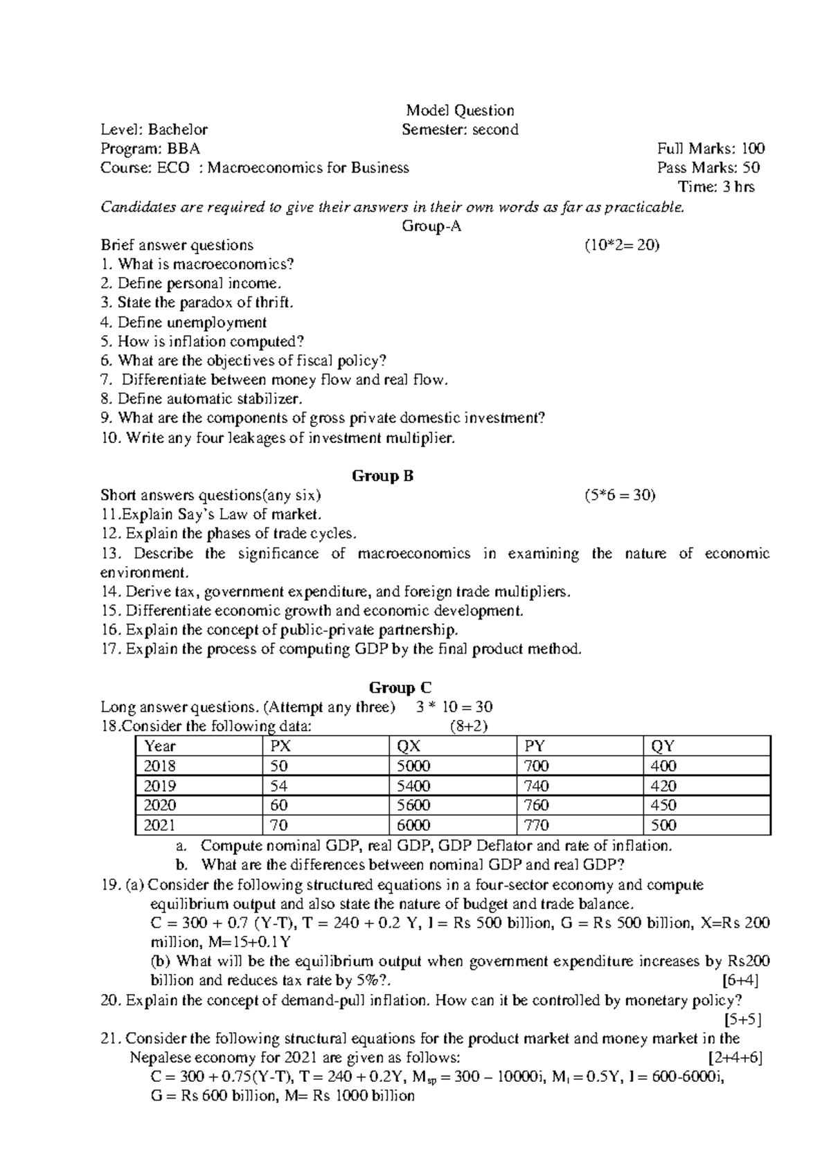 **BBA BBM 2nd Semester Model Question Paper: Macroeconomics for ...