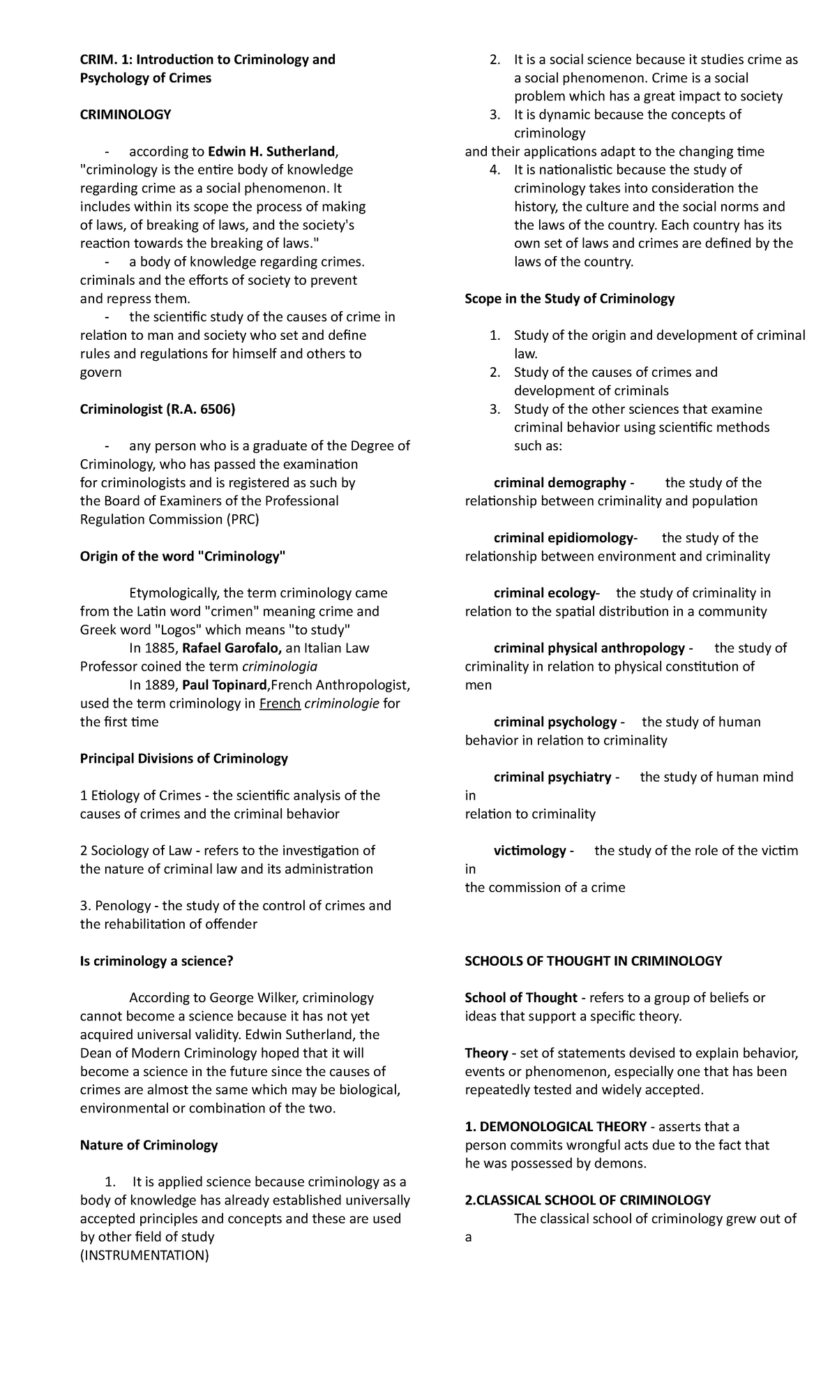 CRIM - Introduction to Criminology and the Psychology of Crime - Studocu
