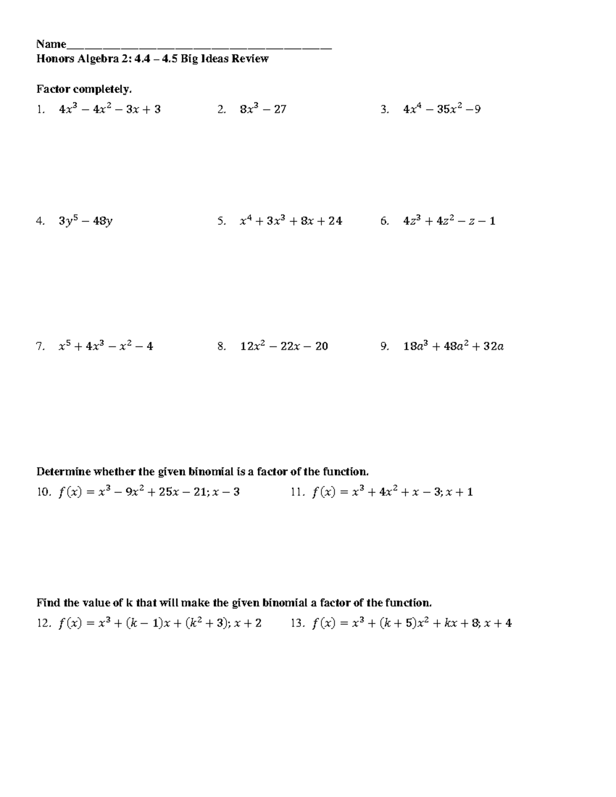 Honors Algebra 2: 4.4 & 4.5 Big Ideas Review on Factoring - Studocu