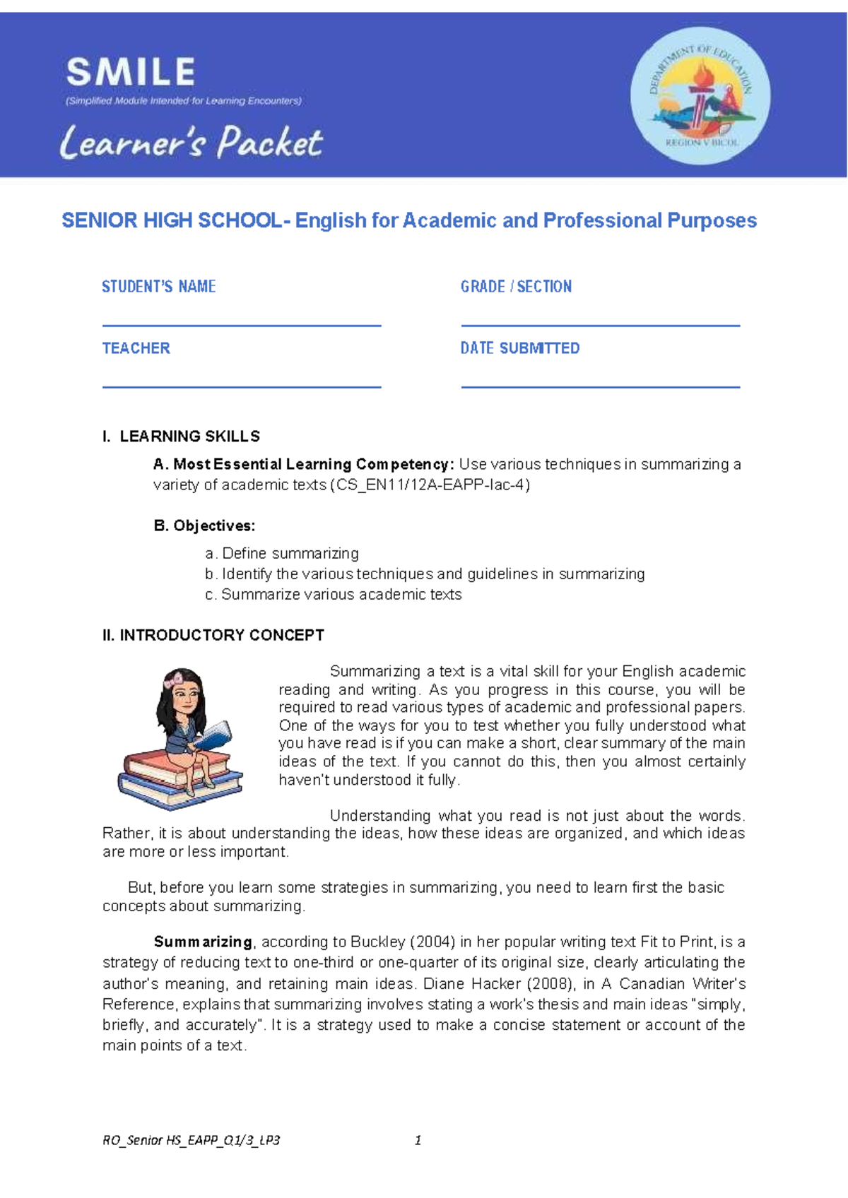 RO EAPP Grade-11-12 S1-2 Q1-3 LP-3 - SENIOR HIGH SCHOOL- English for ...