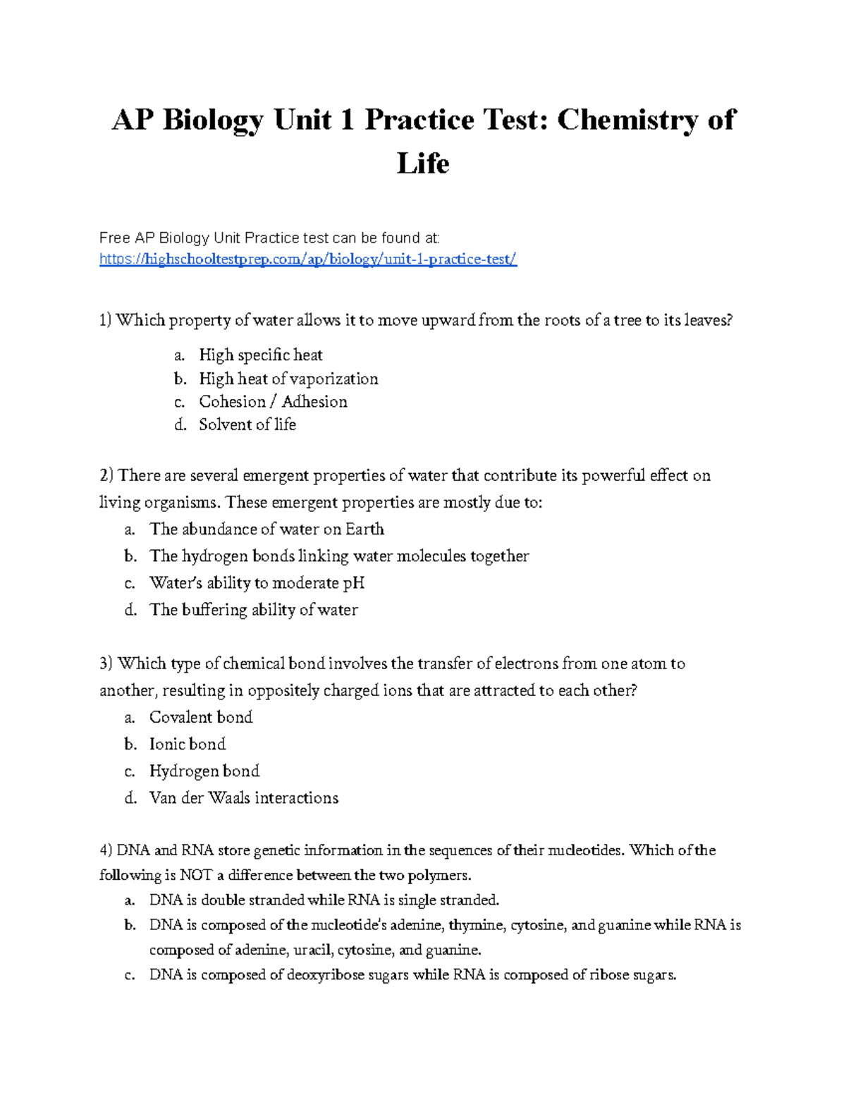 AP Biology Unit 1 Practice Test: Chemistry of Life Review Session - Studocu