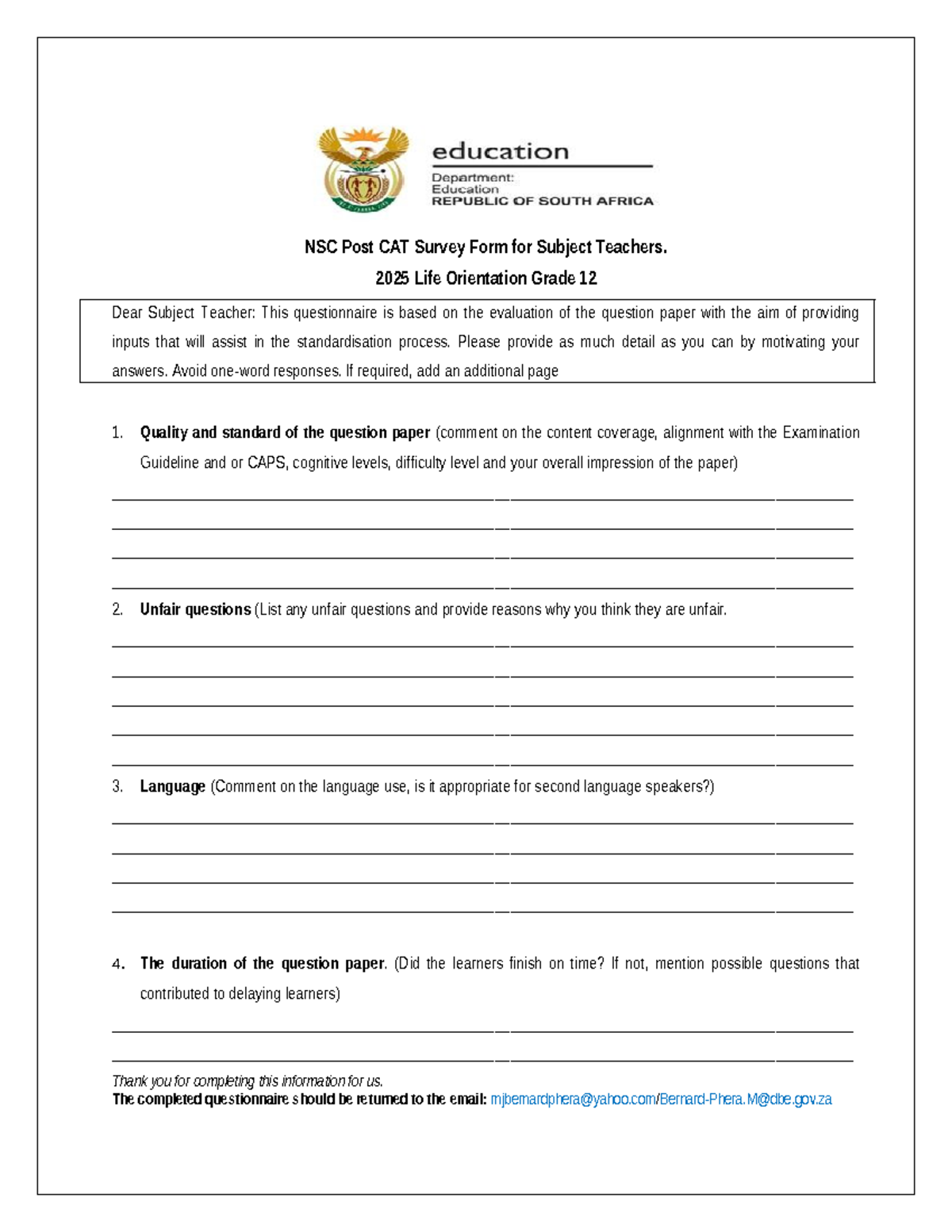 2025 Life Orientation Grade 12 CAT Teacher Survey Form - Studocu