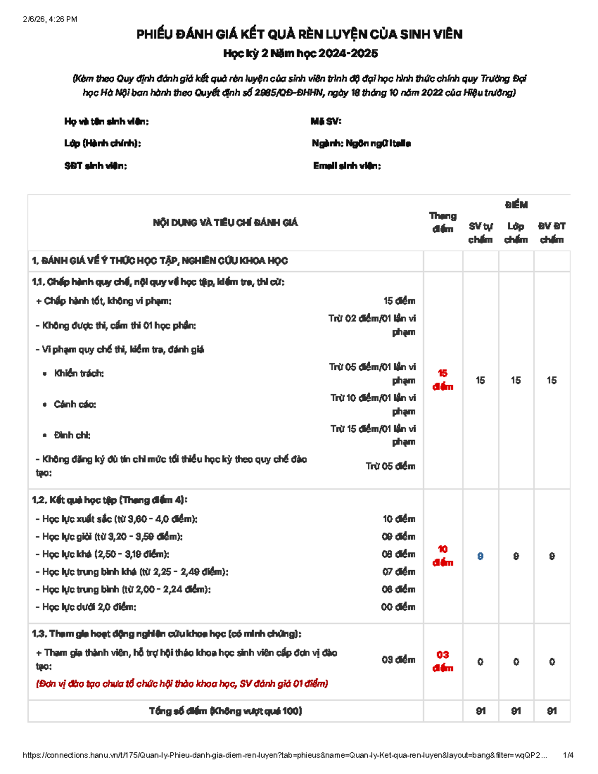 PHIẾU ĐÁNH GIÁ KẾT QUẢ RÈN LUYỆN SINH VIÊN Học kỳ 2 - HANU - Studocu