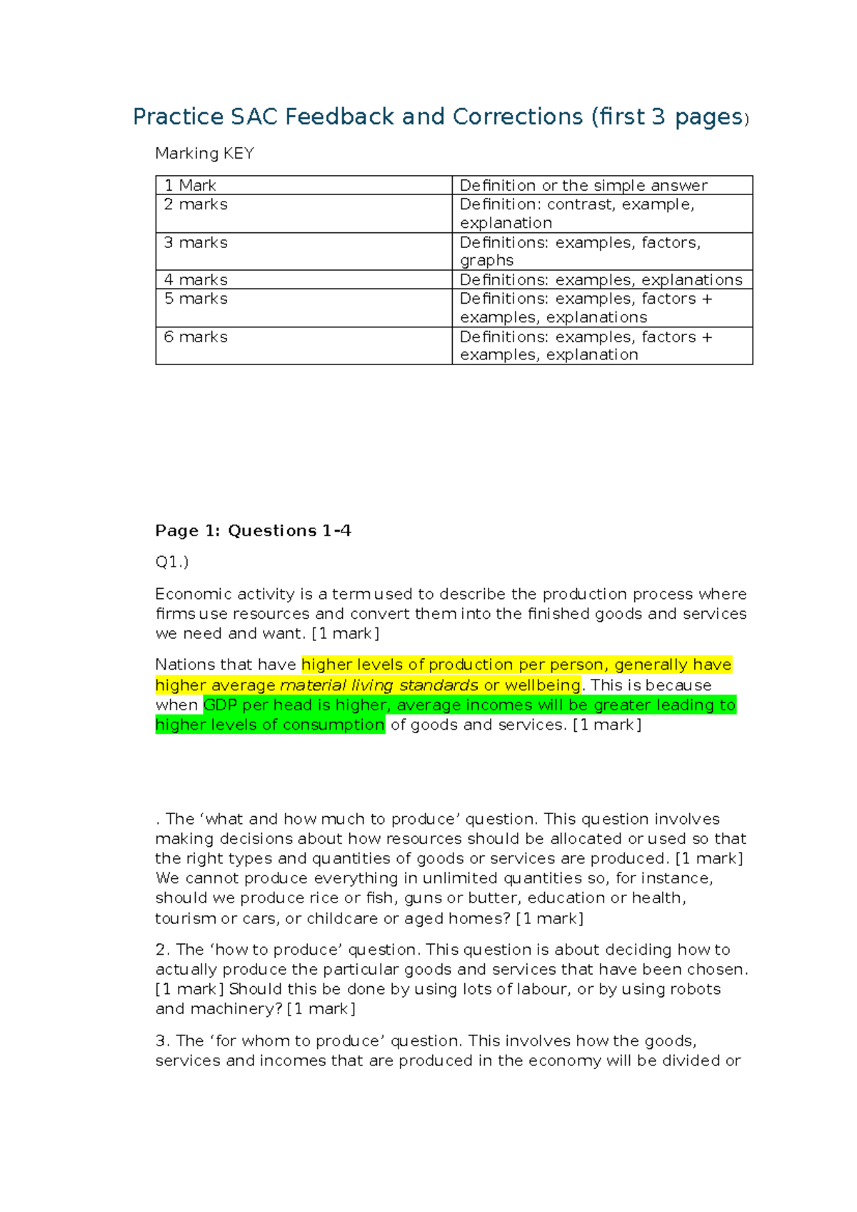 Practice Economic SAC UNIT 1 AOS 1: Feedback & Marking Key - Studocu