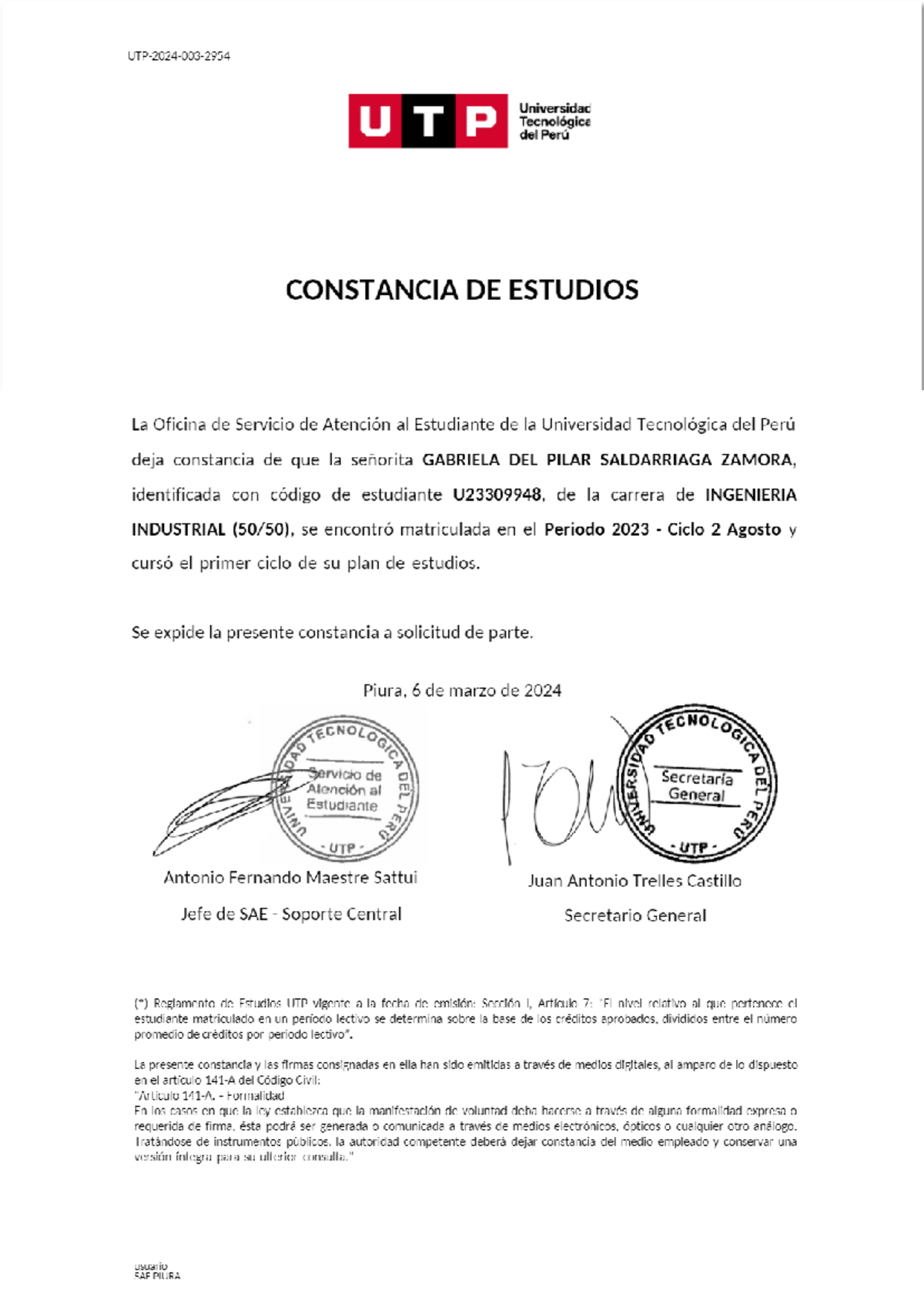 Constancia de Estudios U23309948 - Ingeniería Industrial - UTP - Studocu
