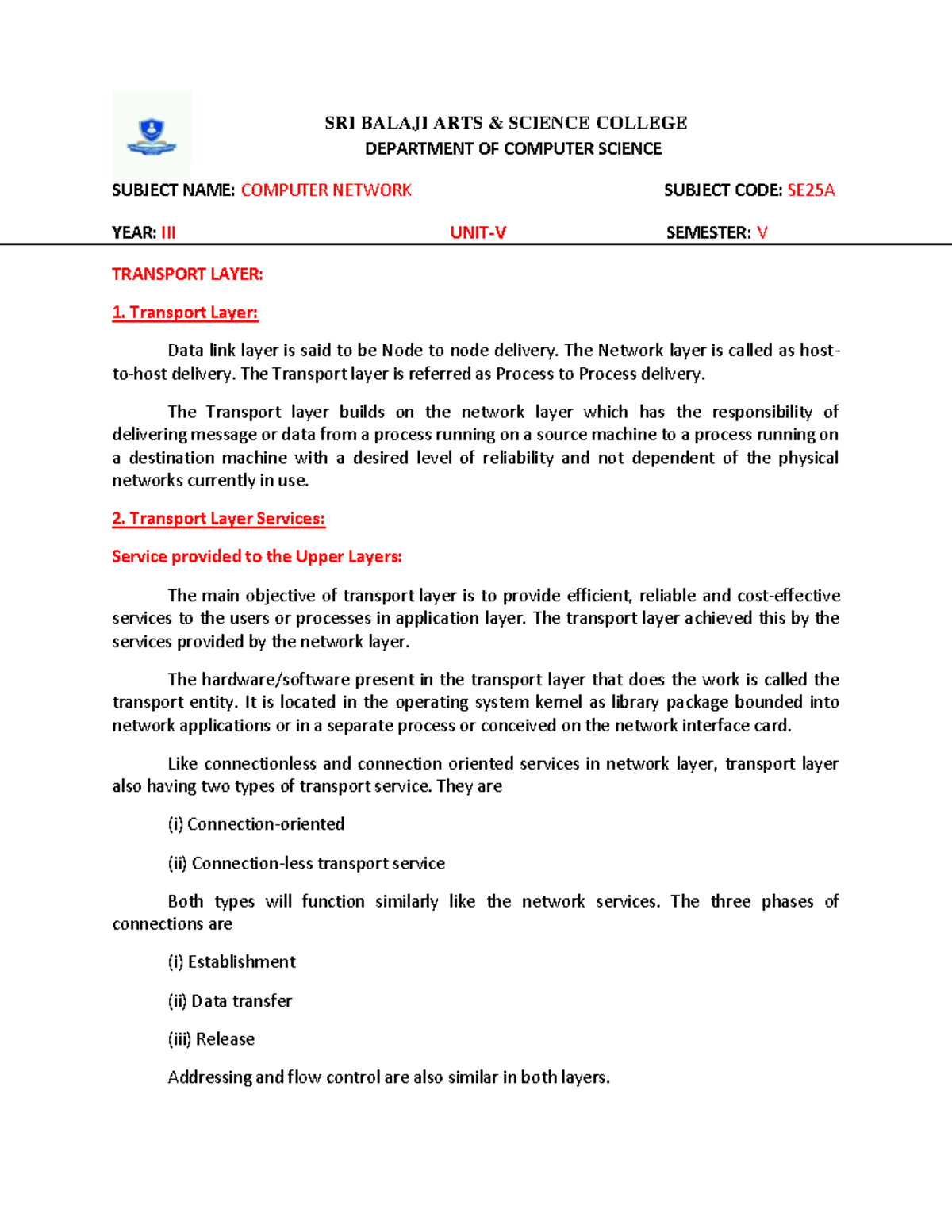 CN SE25A - Transport Layer Overview and Key Concepts Notes - Studocu