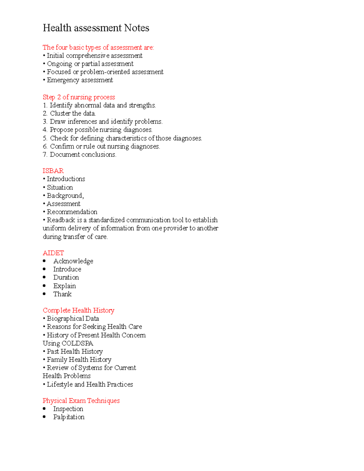 Health assessment Notes - The four basic types of assessment are ...