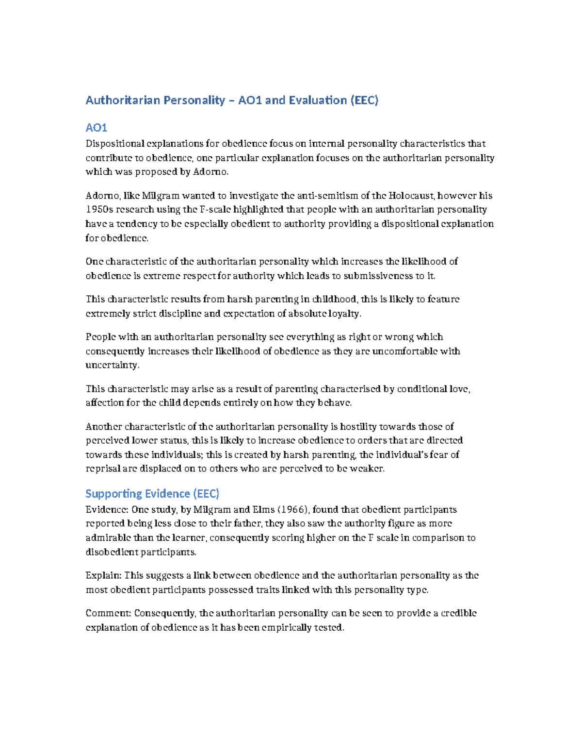 Social Influence: Authoritarian Personality AO1 & AO3 Analysis - Studocu