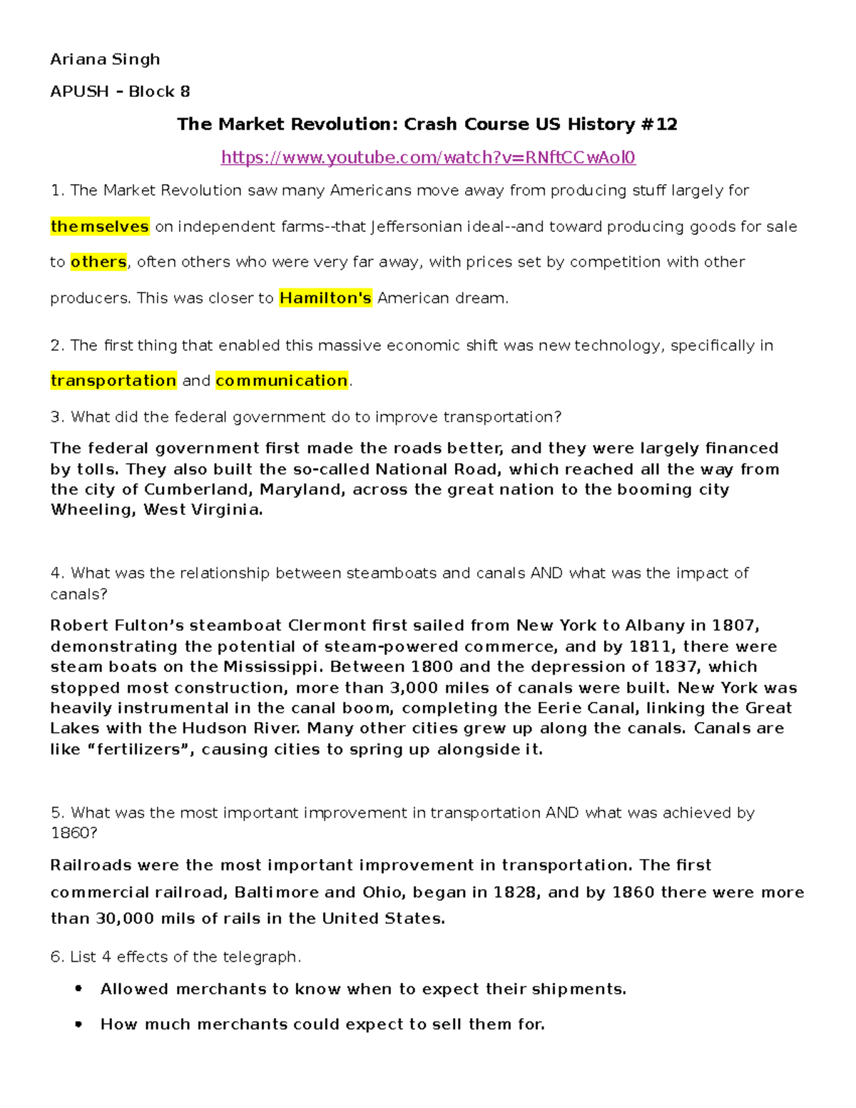 APUSH Block 8: Crash Course 12 - The Market Revolution Overview - Studocu