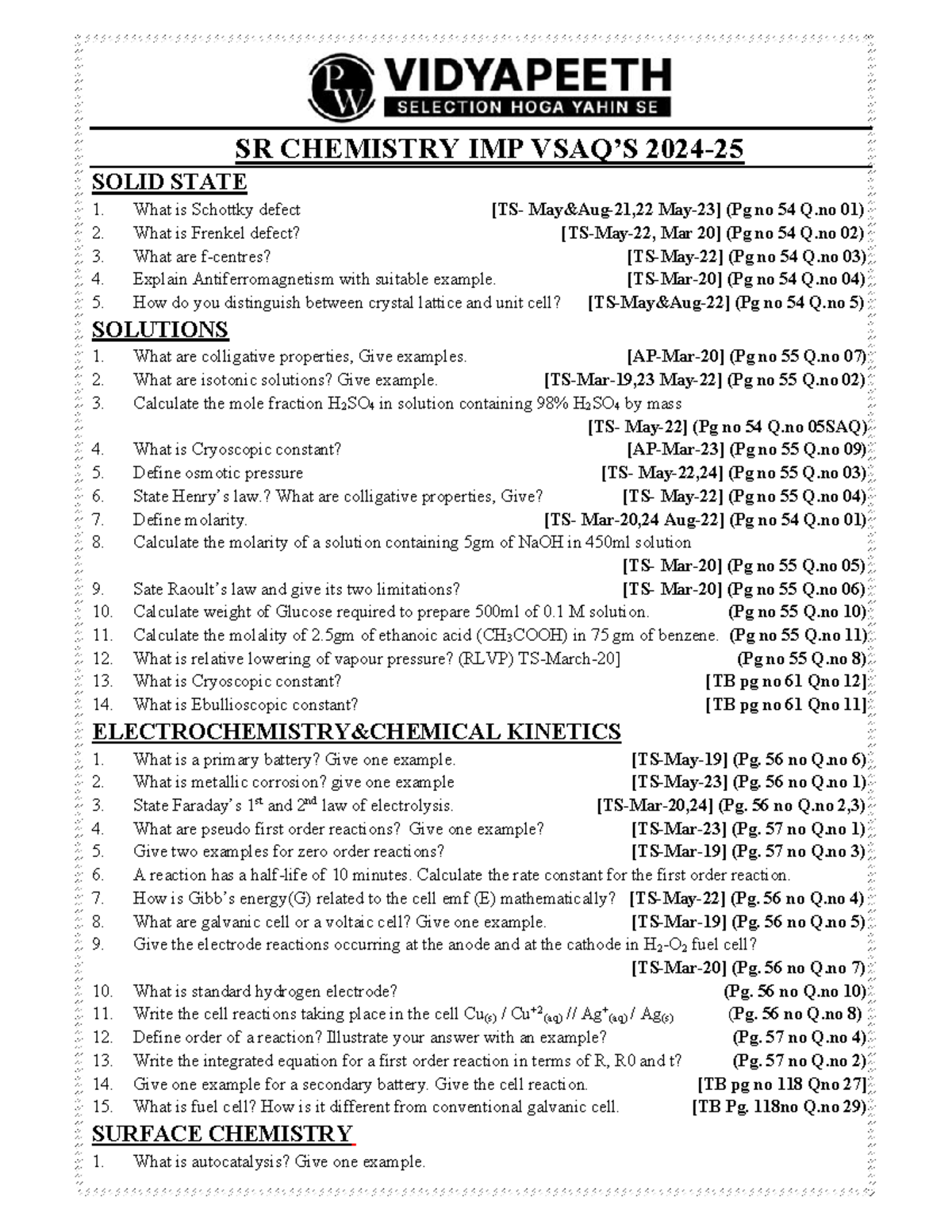 SR CHEMISTRY - Important Questions on Solid State and Solutions - Studocu