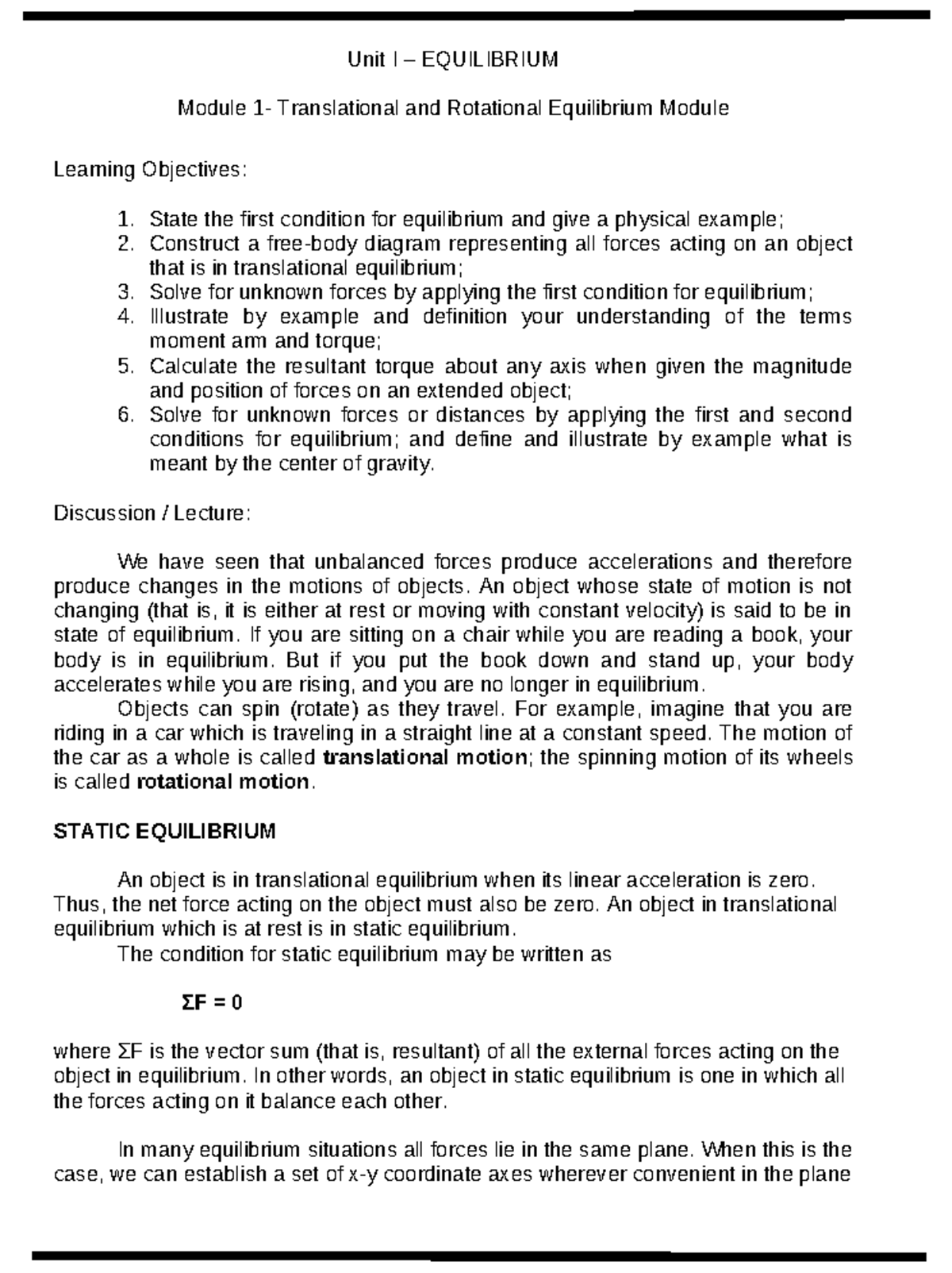 Translational and Rotational Equilibrium - Unit I Overview and Problems ...