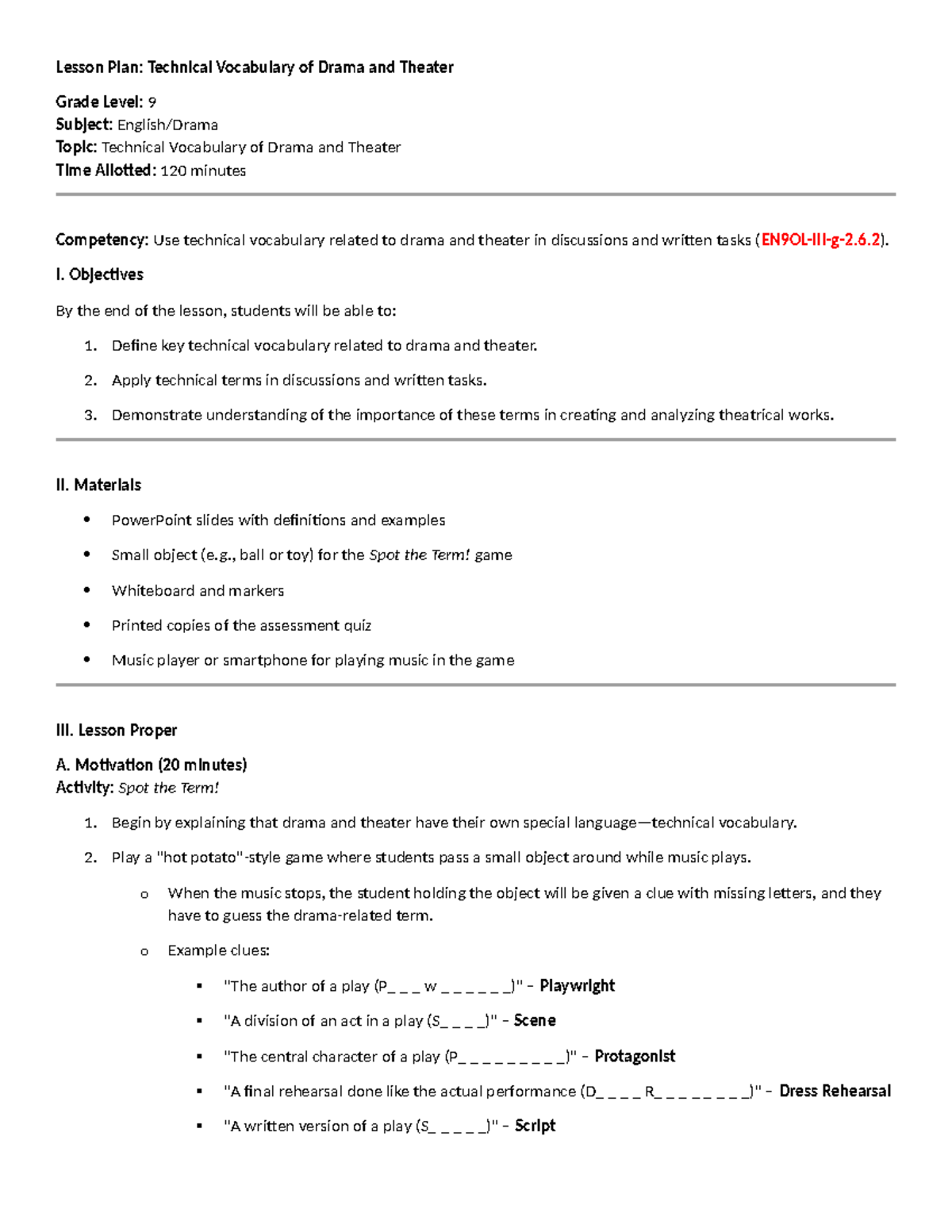 9th Grade Lesson Plan: Technical Vocabulary in Drama & Theater - Studocu